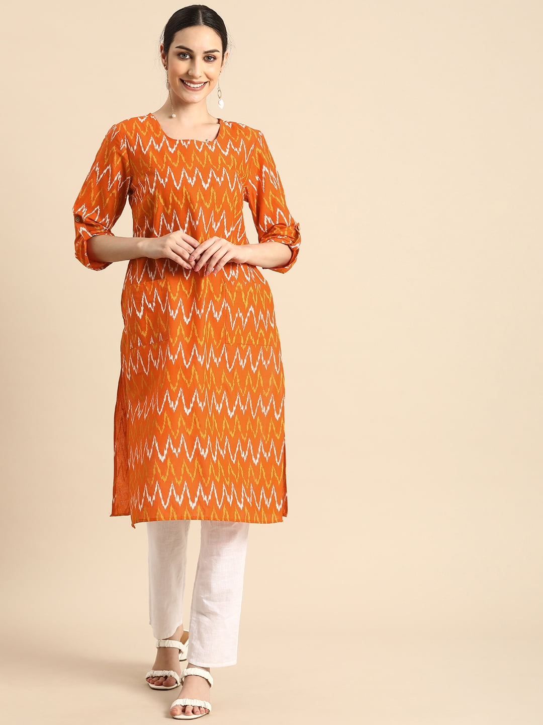 Anouk - By Myntra Kurta For Women Round Neck Kurta Dress Orange Printed ...
