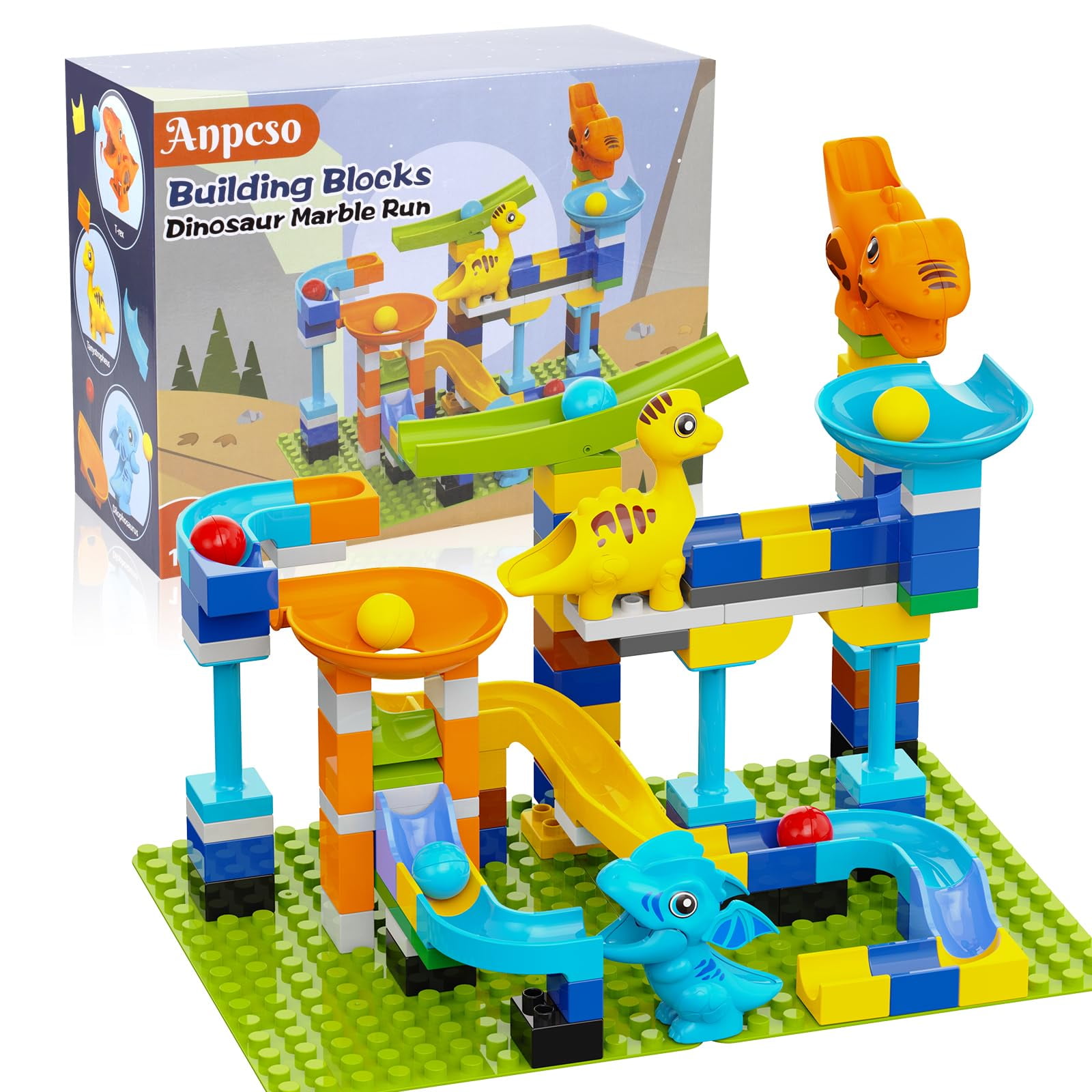 Anpcso Marble Run Building AIF9 Blocks, Dinosaurs Marble Track Toy ...