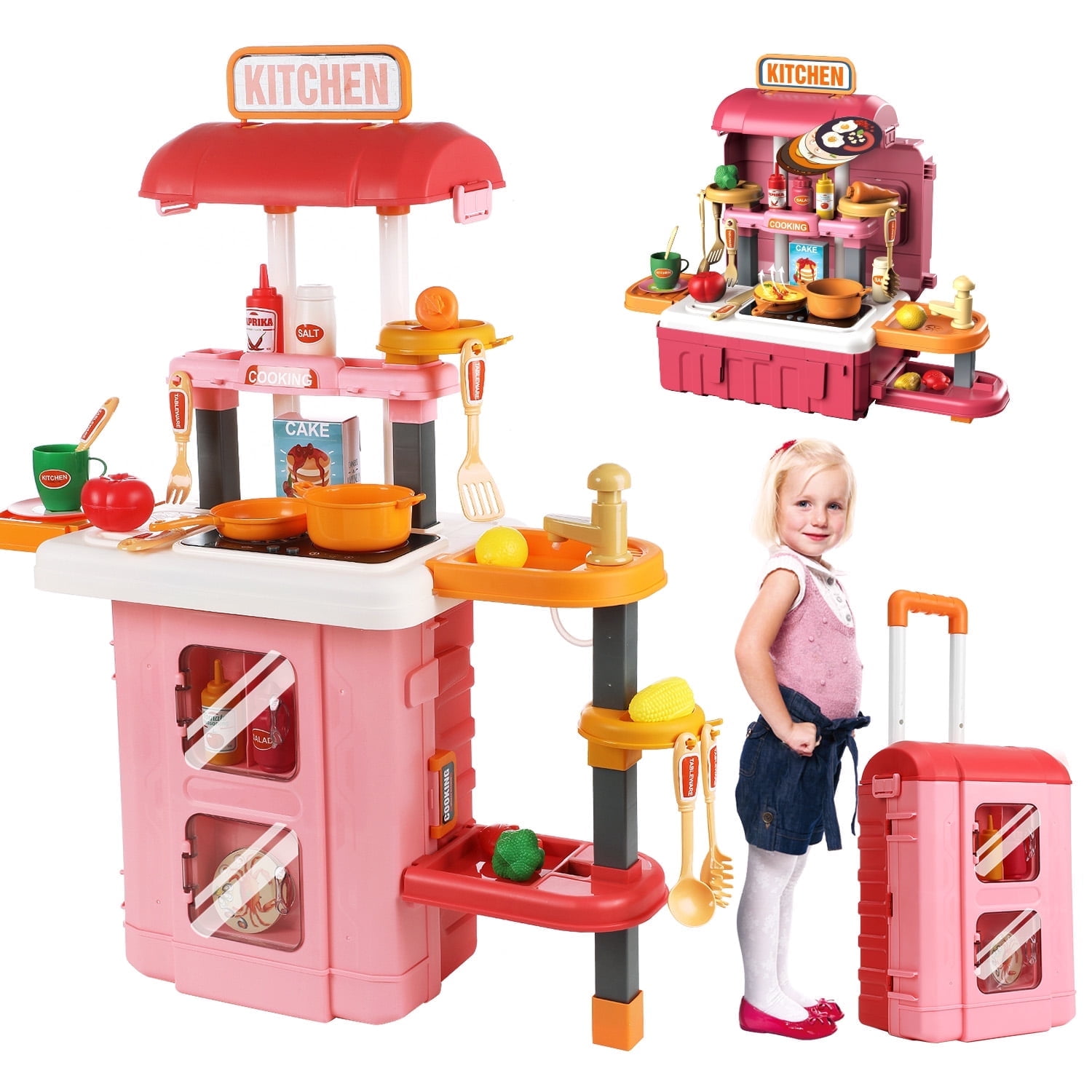 Anpro 28Inch Play Kitchen Set for Kids, 49PCS Pretend Play Kitchen with ...