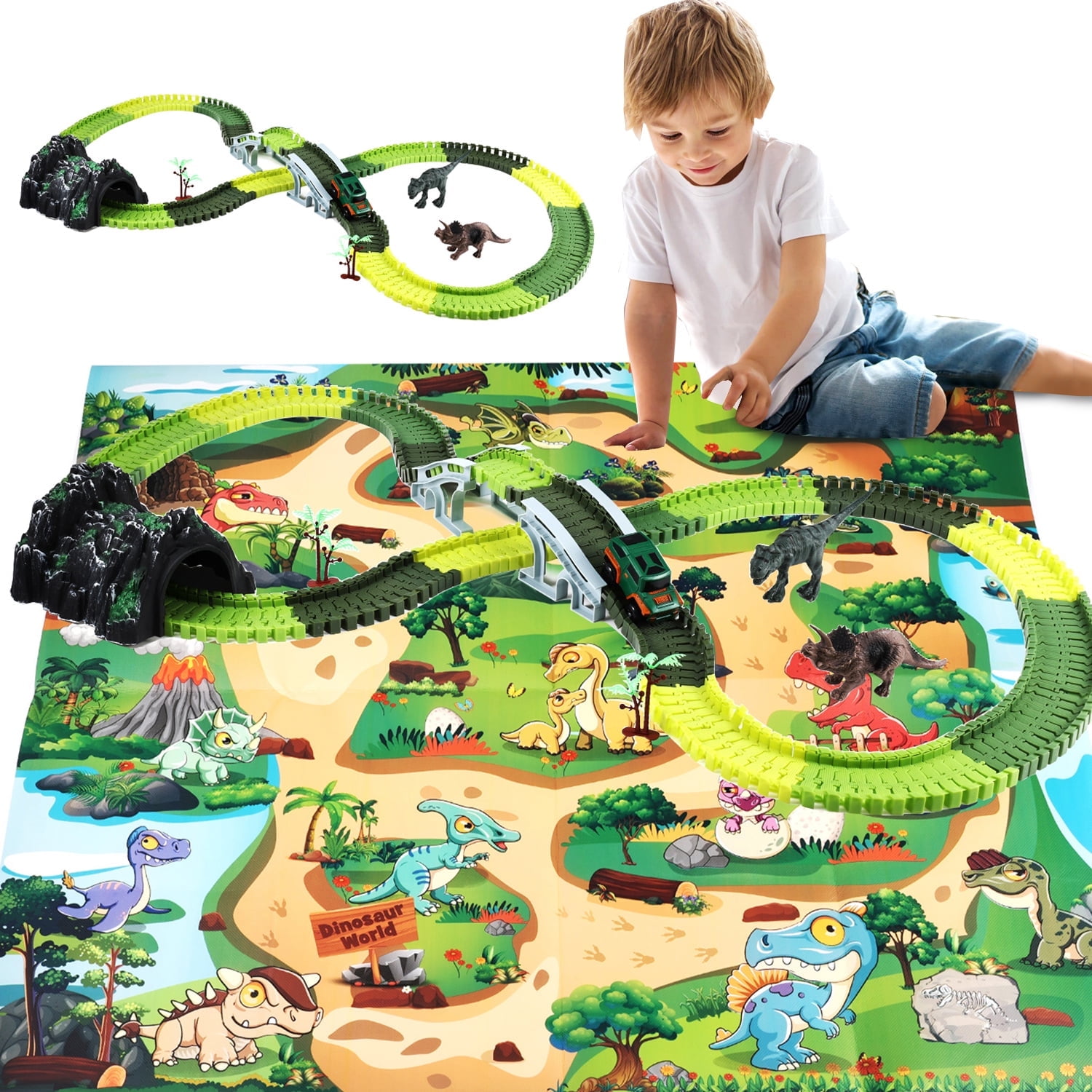 Anpro Dinosaur Toys Race Car Track Set for Kids, 250pcs Race Car Track ...