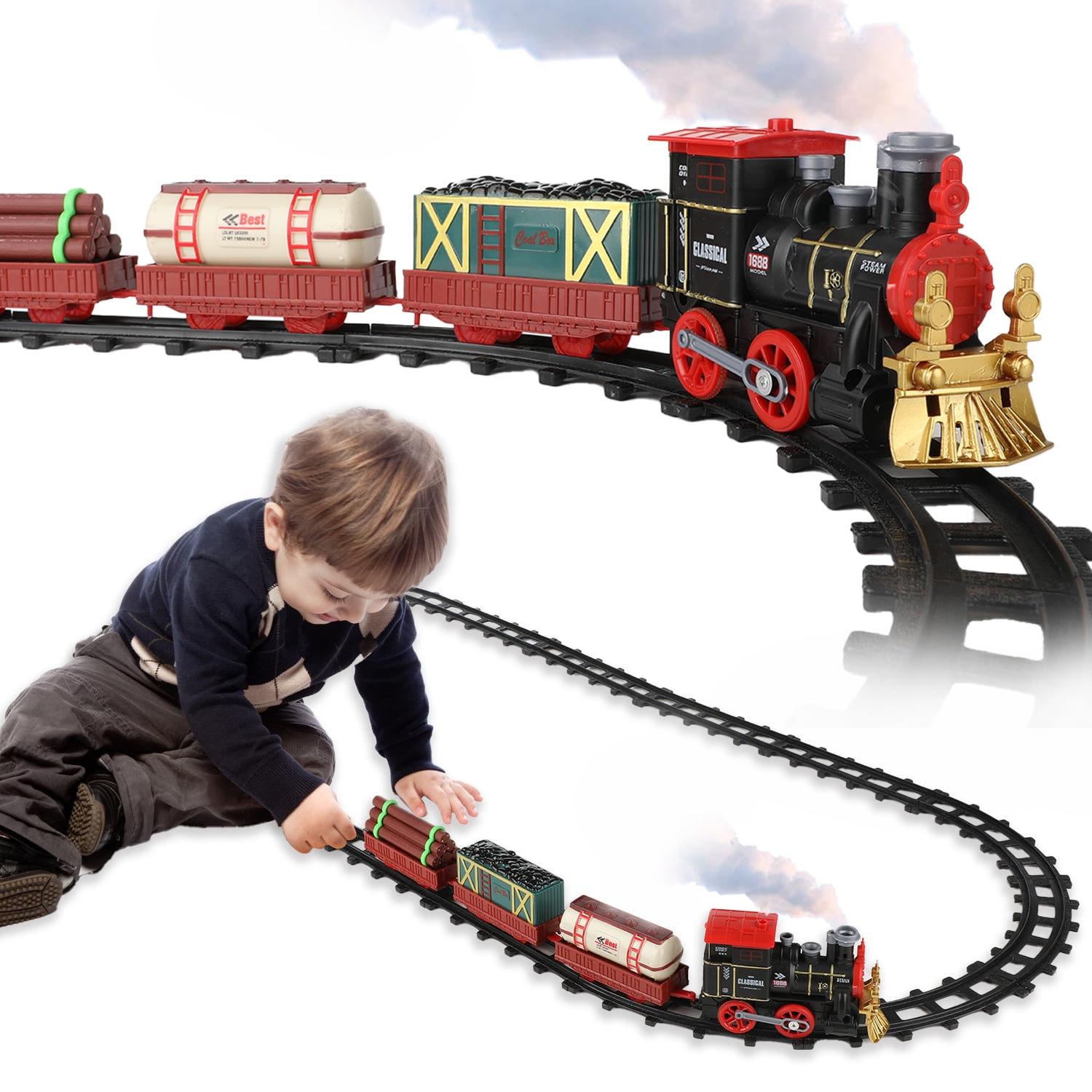 Anpro Electric Train Set for Kids, Train Toy with Steam Locomotive ...