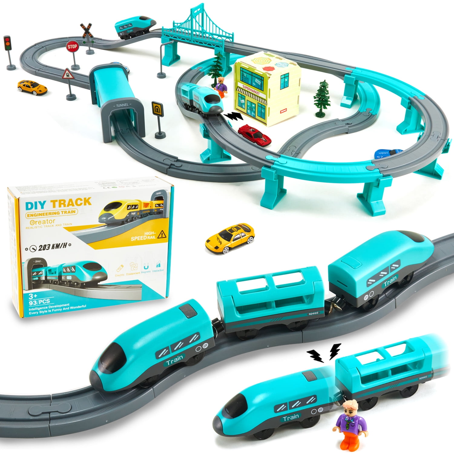 Petbank 92pcs Kids Train Track Toy Set, Electric Train Toys with Cars ...