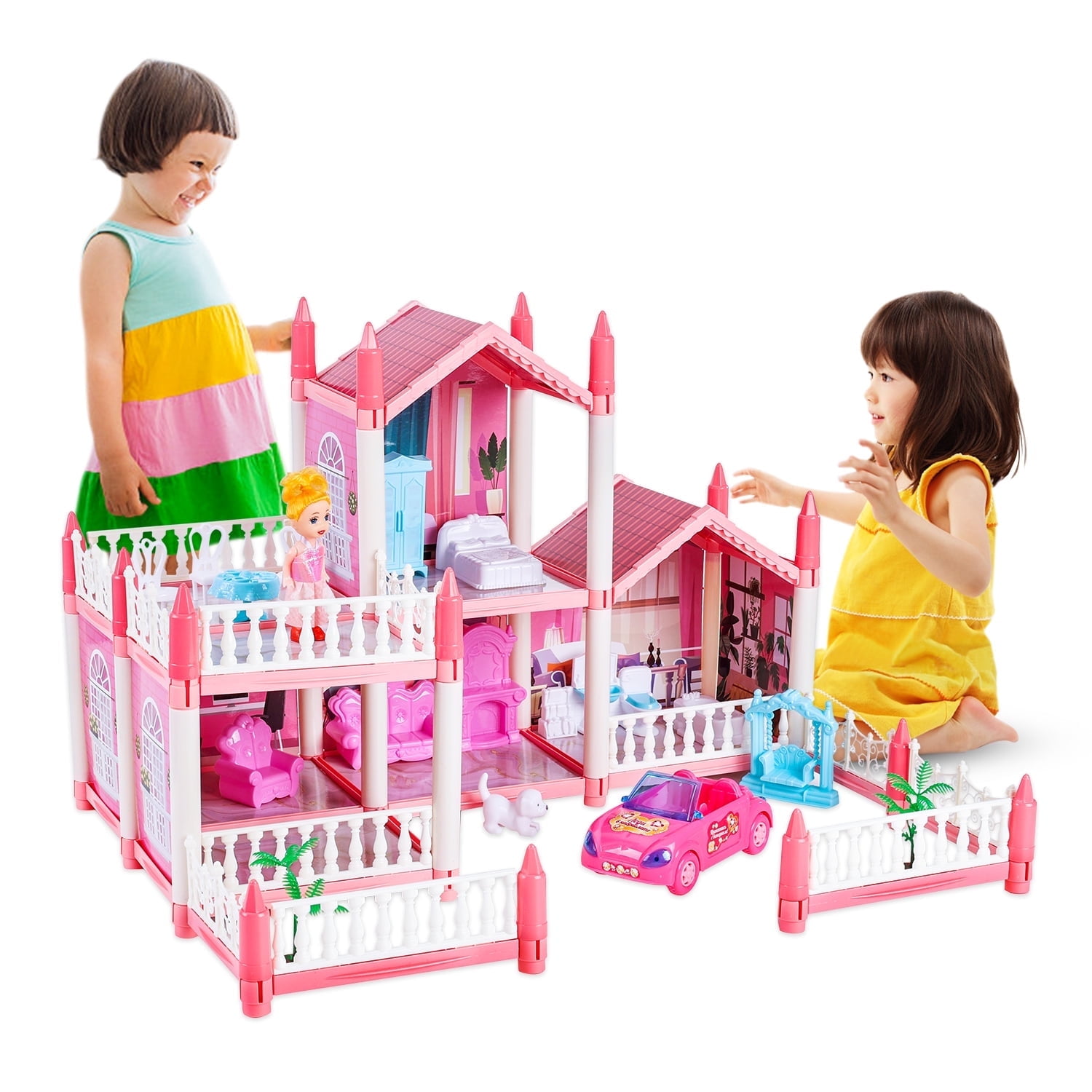 Anpro Pink Dollhouse Playset for Children, Princess Castle Playhouse, 5 ...