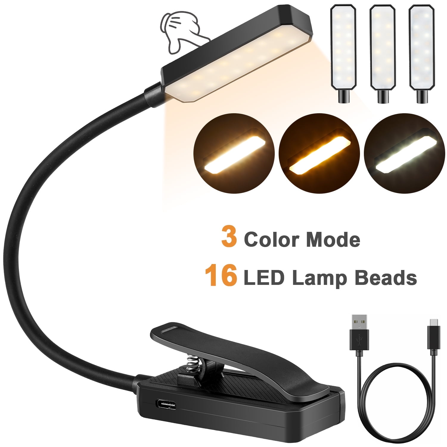 Anpro Rechargeable Book Light, 16 LED Clip on Reading Light, 3 Color ...