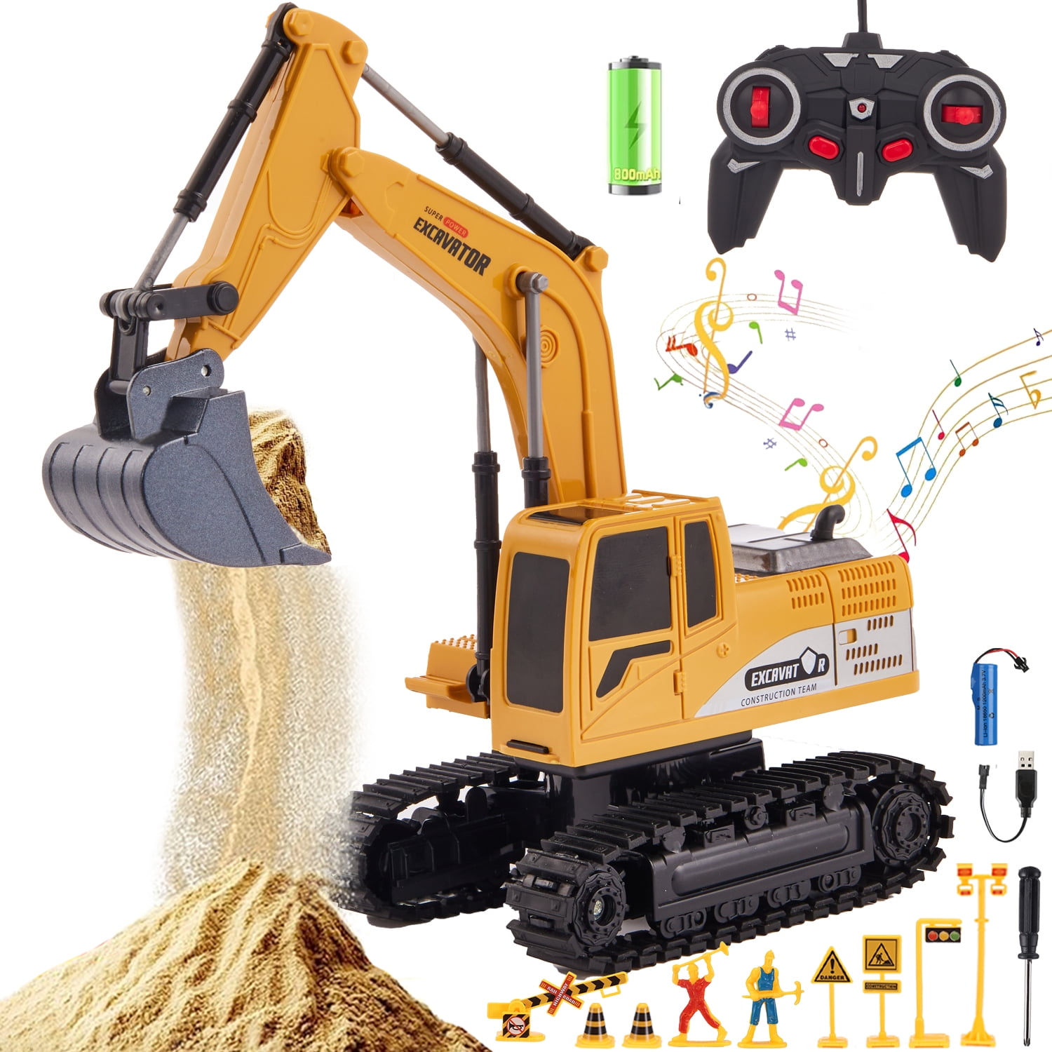 Anpro Remote Control Excavator Toy for Kids, 6 Channel Rechargeable RC ...