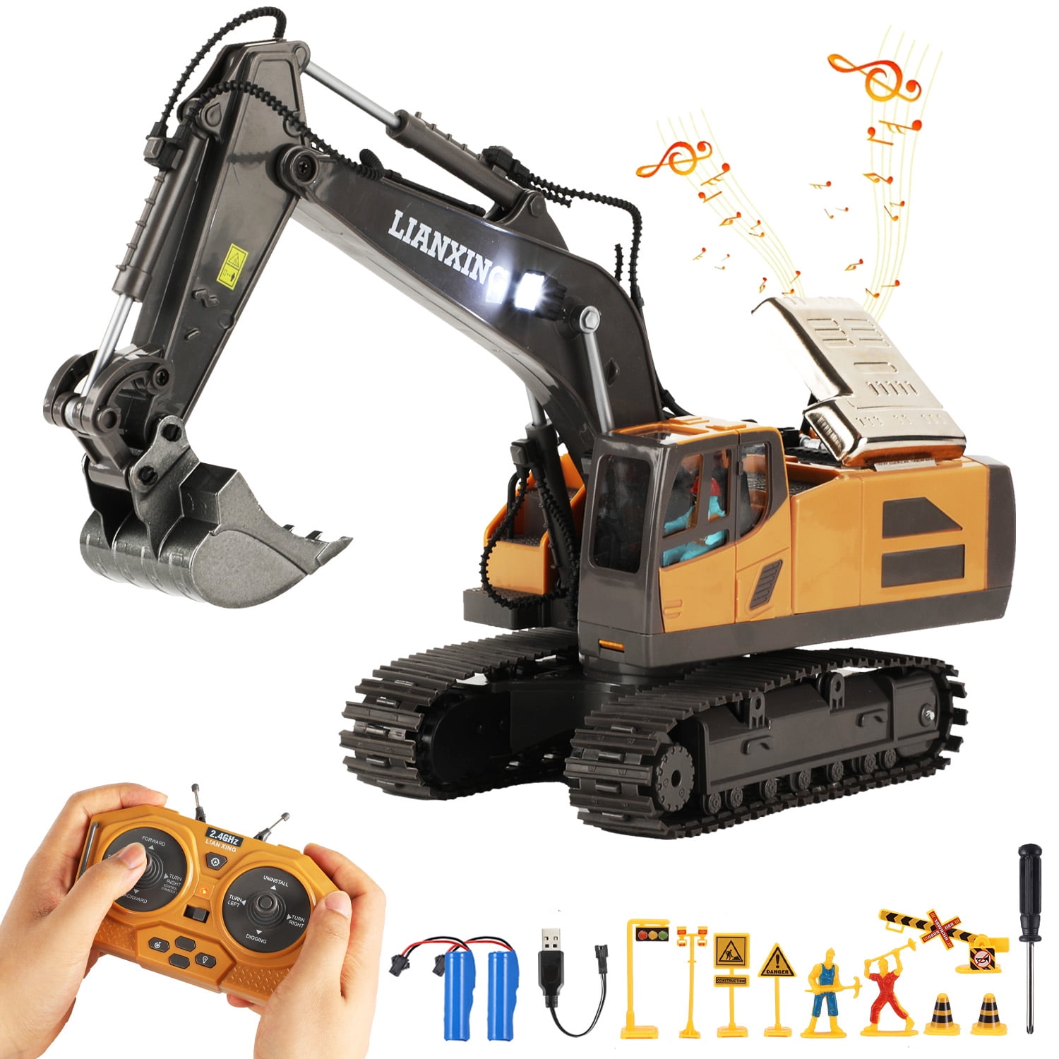 Anpro Remote Control Excavator Toys for Kids, 11 Channel 1:20 RC Digger ...
