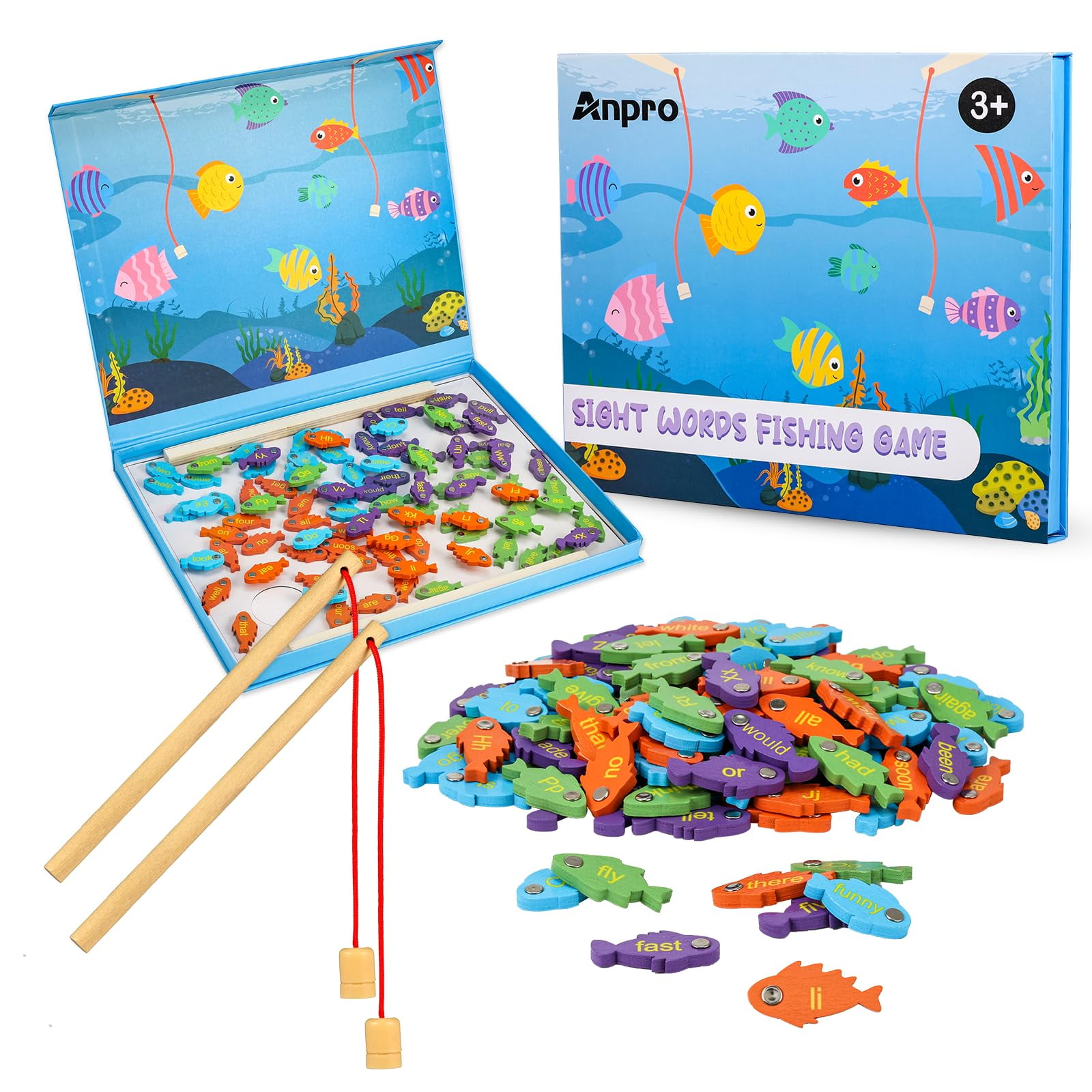 Anpro Wooden Magnetic Fishing Sight Words Game Learning, Alphabet ...