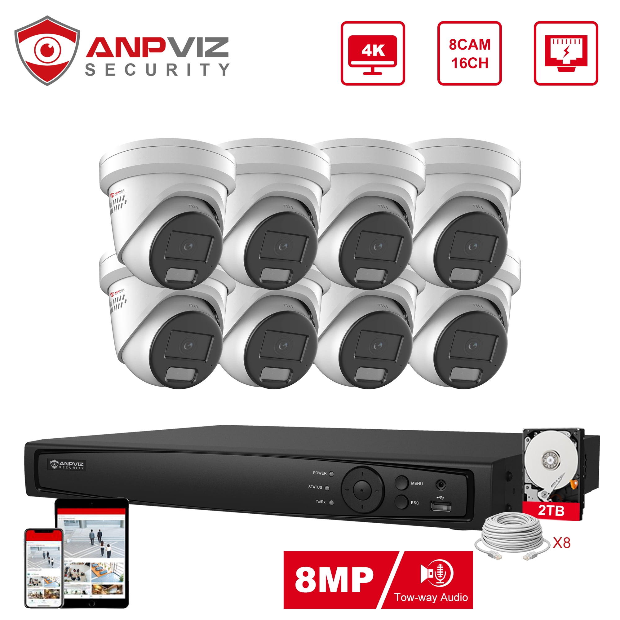 Anpviz 16CH PoE Turret Security Camera System with AI Human/Vehicle Detection,8pcs 8MP PoE ...