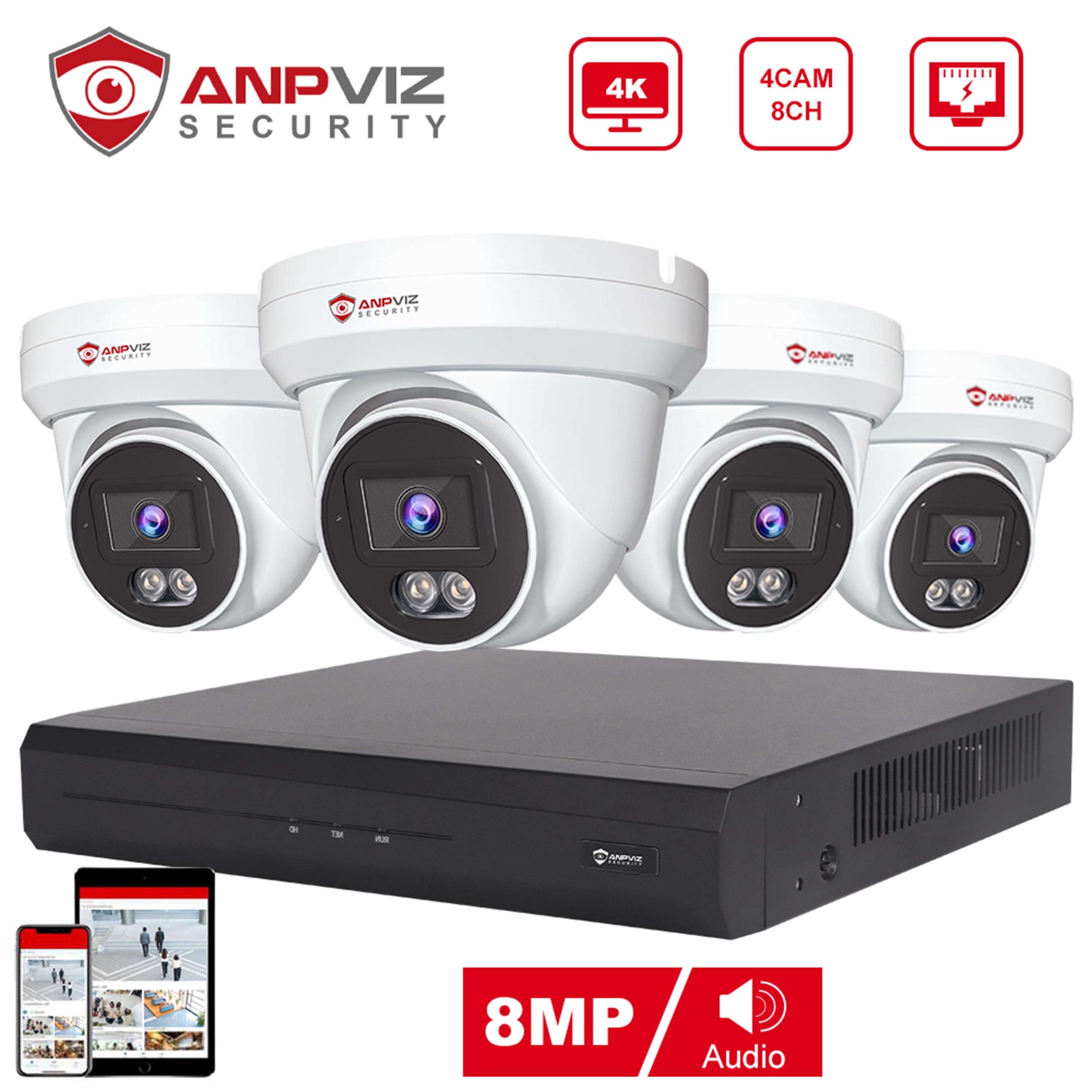 Anpviz 4K 8CH PoE Security Camera System, 4pcs Wired 8MP PoE IP Cameras ...