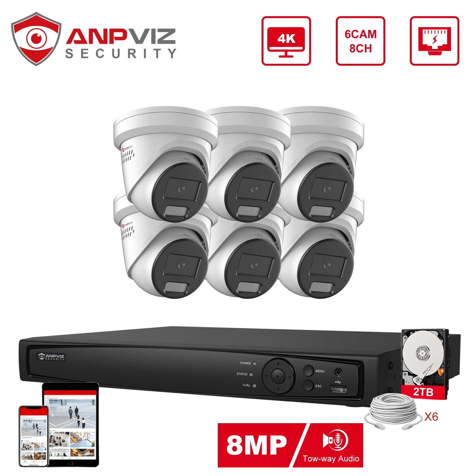 Anpviz 8CH PoE Turret Security Camera System with AI Human/Vehicle Detection,6pcs 8MP PoE ...