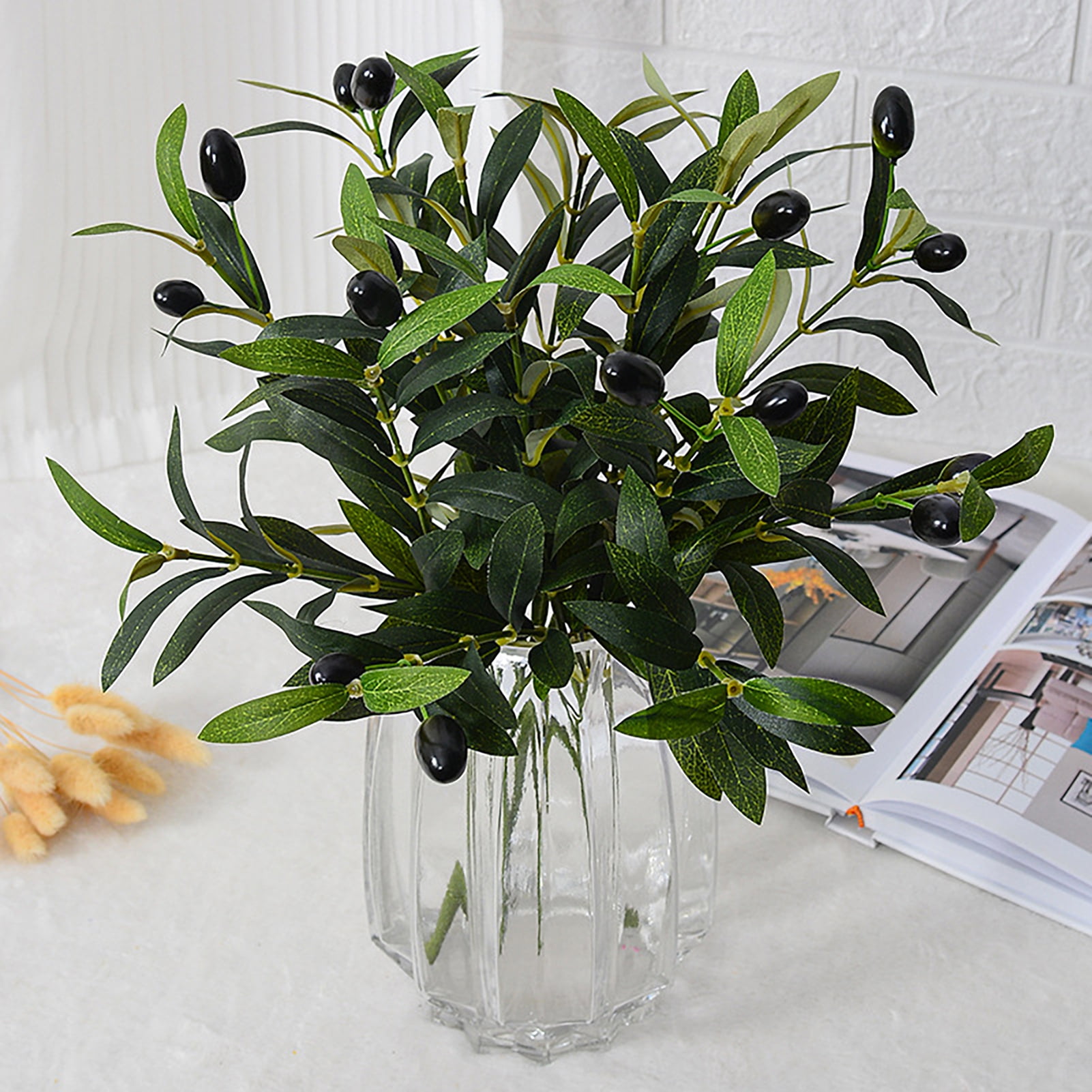 Anqbci Artificial Olive Leaf Branch with Stem 4/6 Fork Realistic Reusable Faux Green Plants ...
