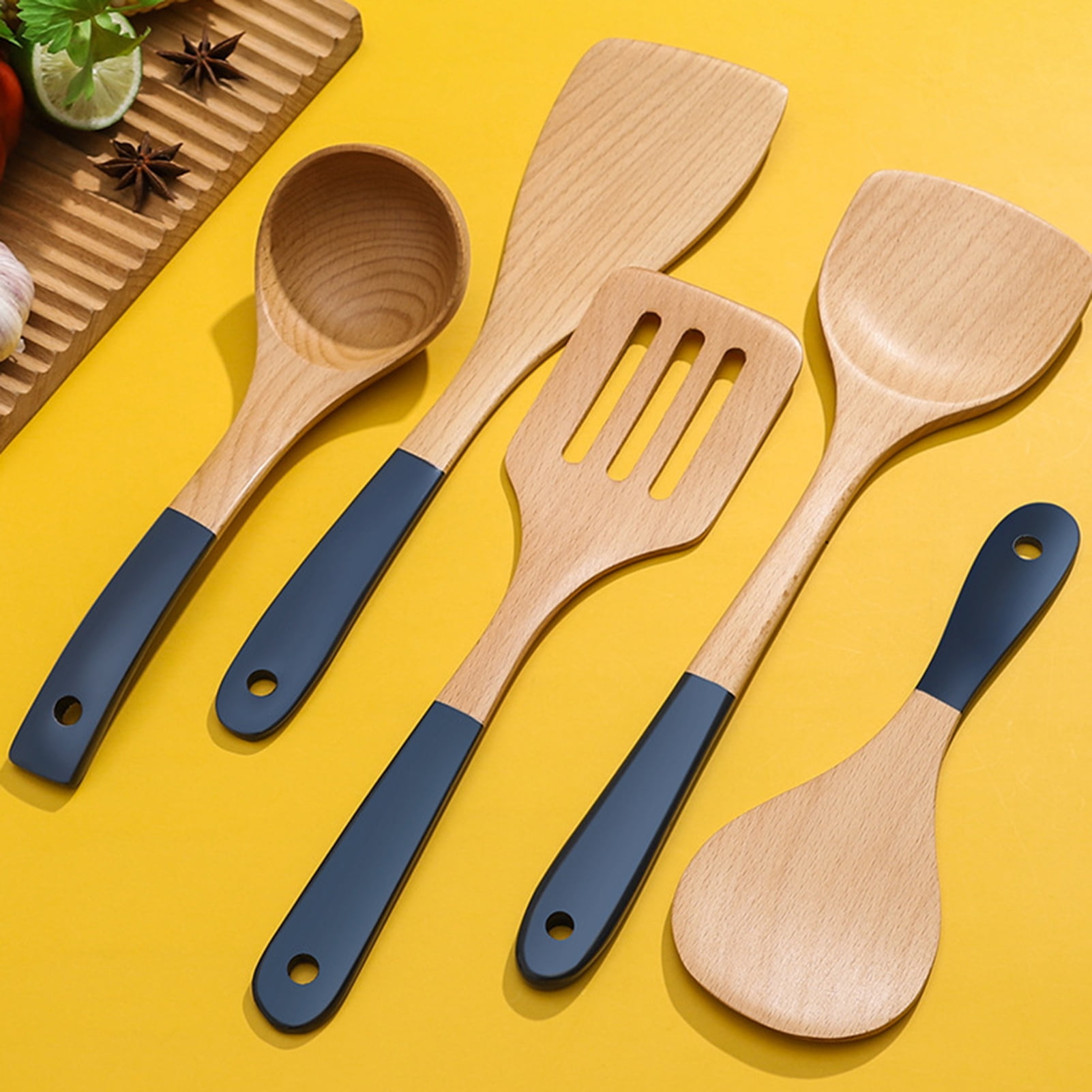 Anqbci Fried Spatula Long Handle Heat Resistant Non-stick Beech Wooden ...