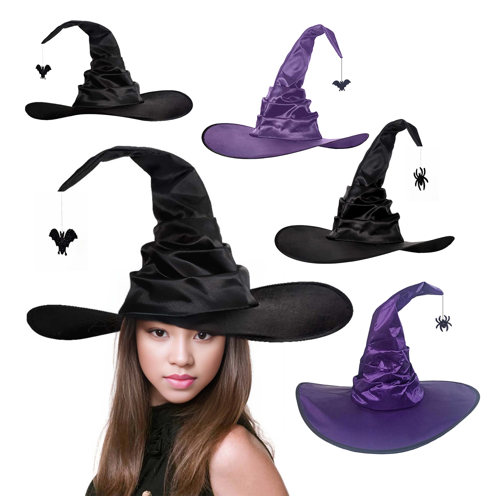 Anqbci Halloween Hat Spider Bat Decor Angled Witch Hat Ruched Large ...