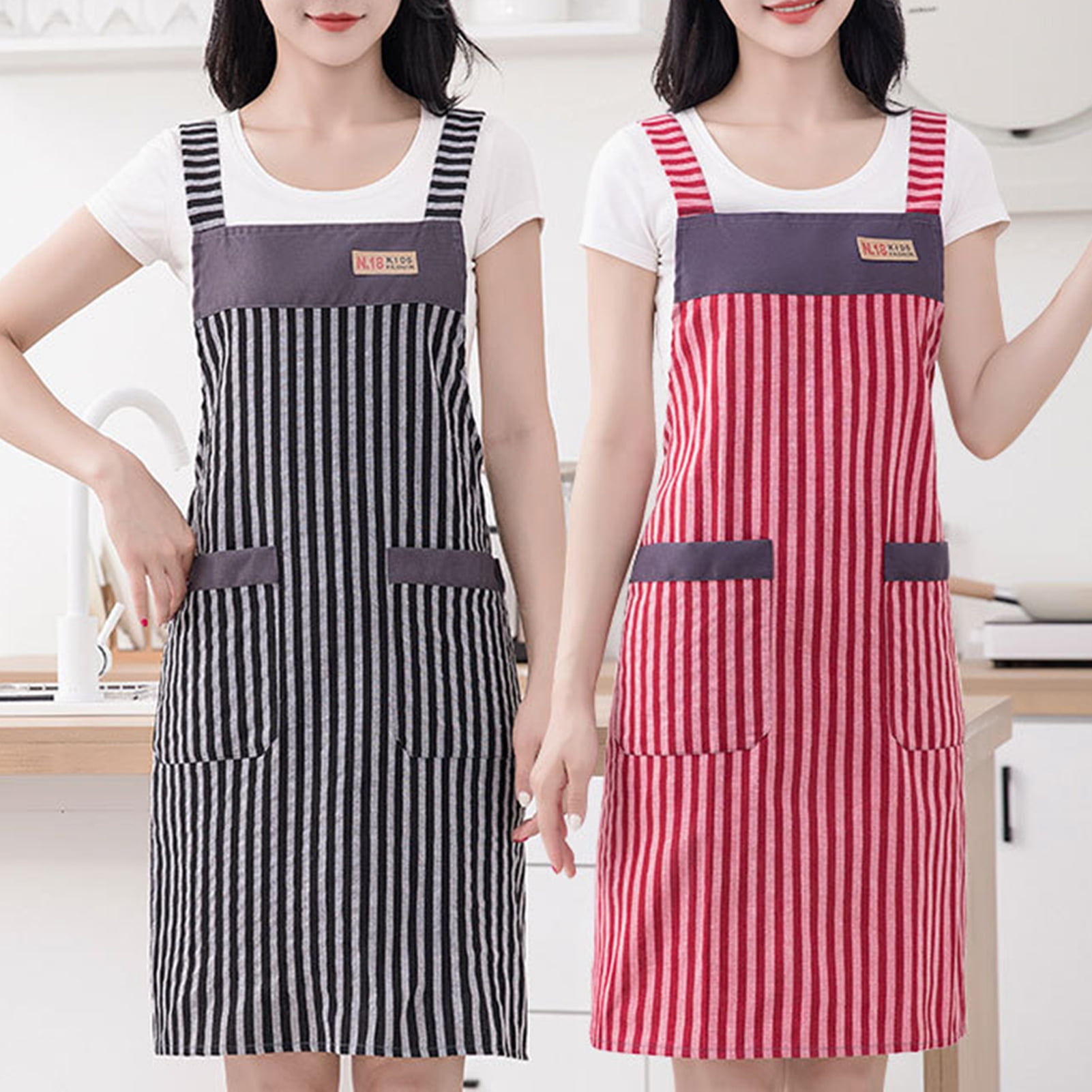 Anqbci Kitchen Apron Strip Pattern Double Pockets Breathable High ...