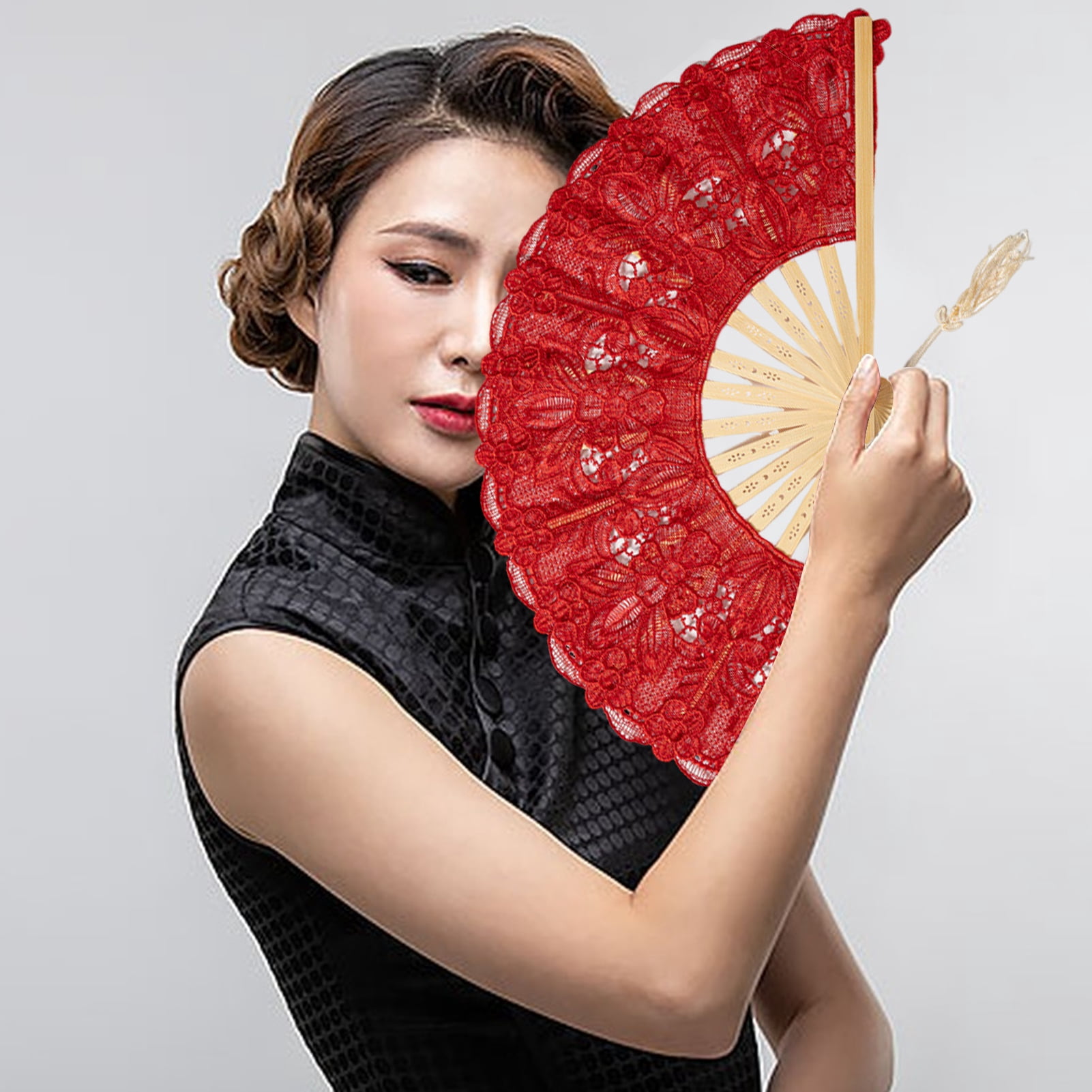 Anqbci Lace Folding Fan with Tassel Hollow Ribs Vintage European Dance ...