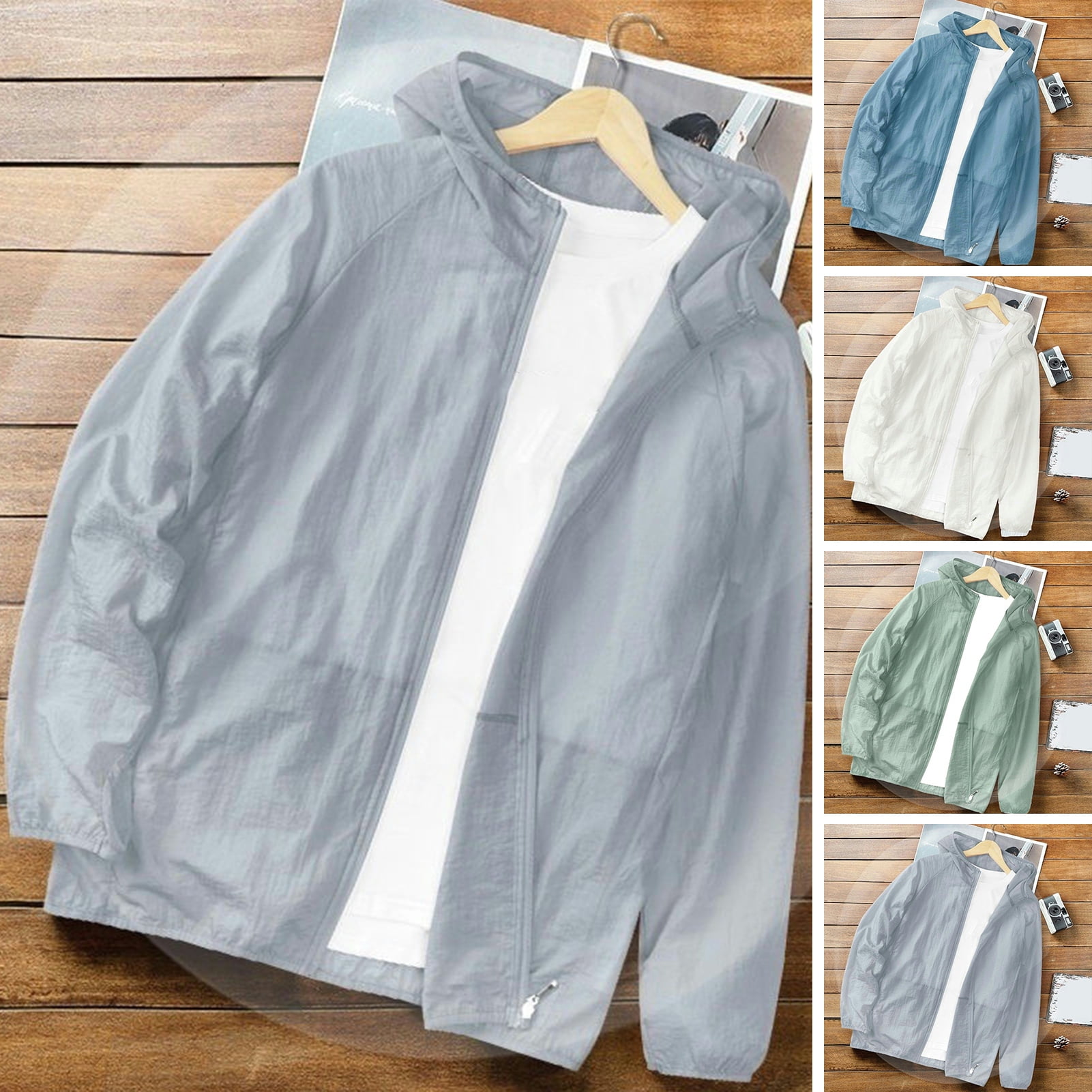 Anqbci Men Sunscreen Coat Thin Zipper Closure Solid Color Summer ...
