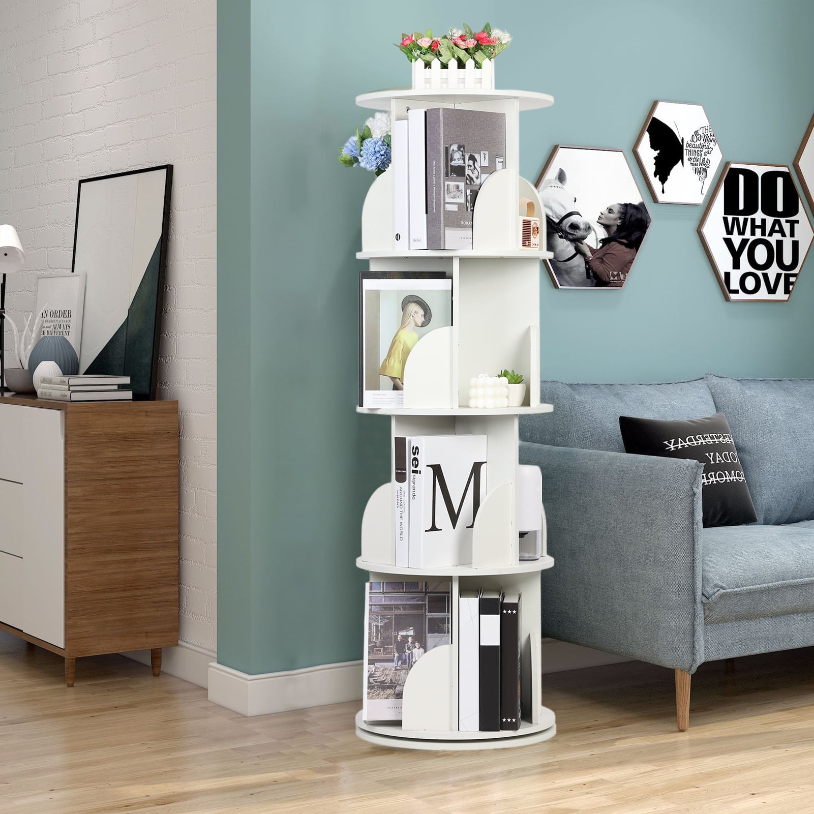 Anqbci Rotating Bookshelf, 360 Display 4 Tier, Small Corner Bookshelf ...