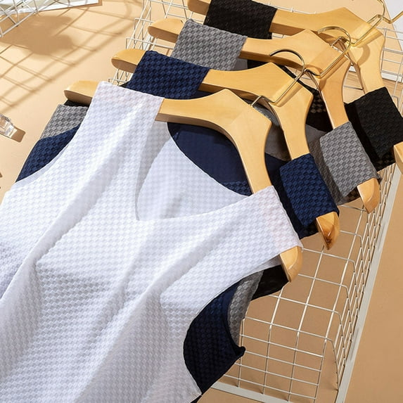 Anqbci V-neck Sleeveless Men Vest Grid Texture Smooth Thin Elastic ...
