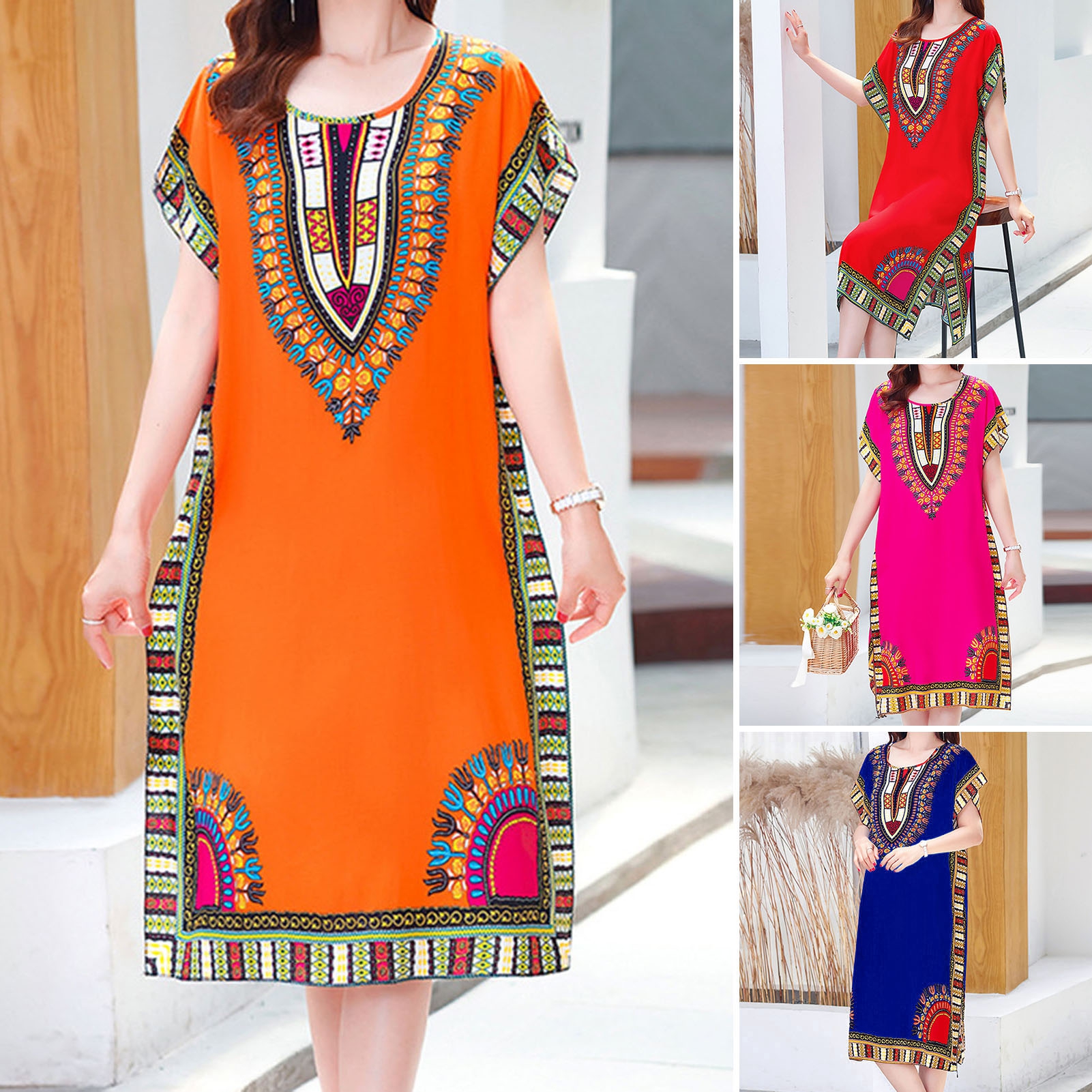 Anqbci Women Dress Ethnic Style Round Neck Print Contrast Color ...