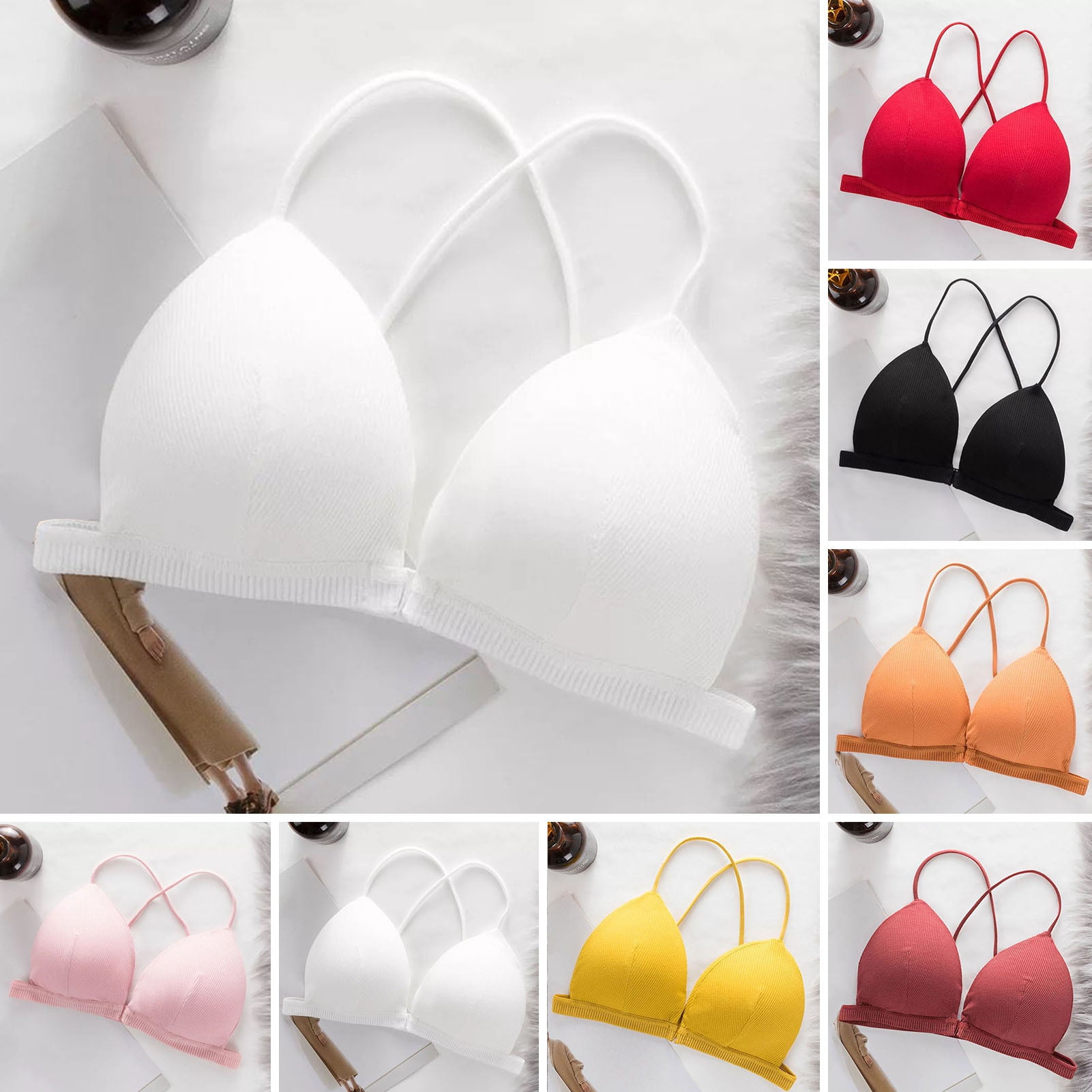 Anqbci Women Solid Color Simple Bra Triangle Cup Thin Straps Wrapping ...