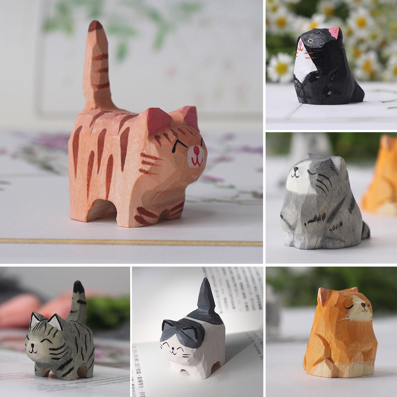 Anqbci Wooden Carved Cat Figurine Handmade Woodcarving Art Kitten ...