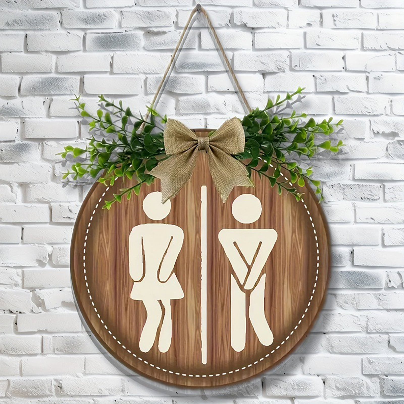 Anqbci Wooden Toilet Sign Artificial Green Leaves Wall Decor Bathroom ...