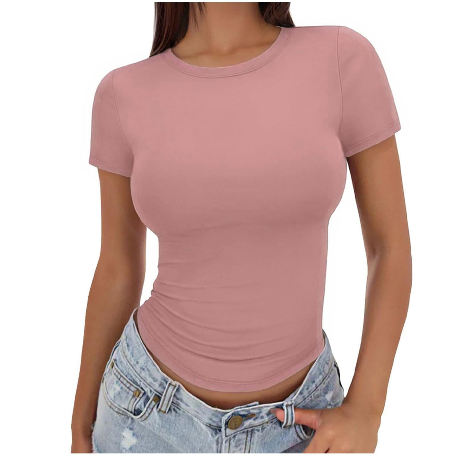 Anqov Short Sleeve Shirts for Women, Solid Color Round Neck Slim Fitted ...