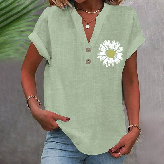 Anqov T Shirts for Women, Solid Color V Neck Collar Button Short Sleeve ...