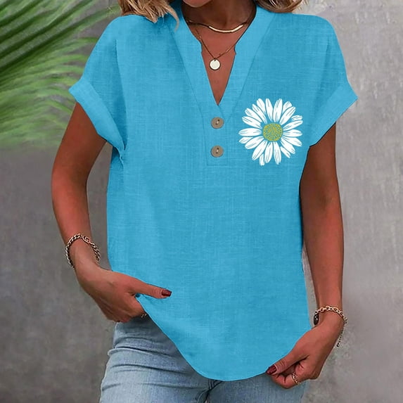 Anqov T Shirts for Women, Solid Color V Neck Collar Button Short Sleeve ...