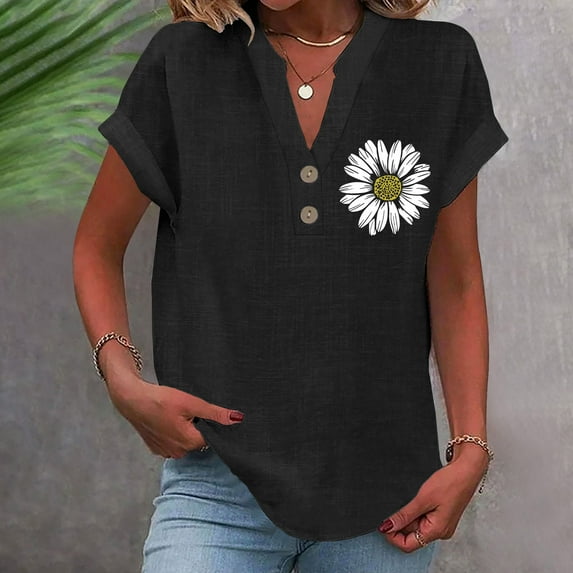 Anqov T Shirts for Women, Solid Color V Neck Collar Button Short Sleeve ...