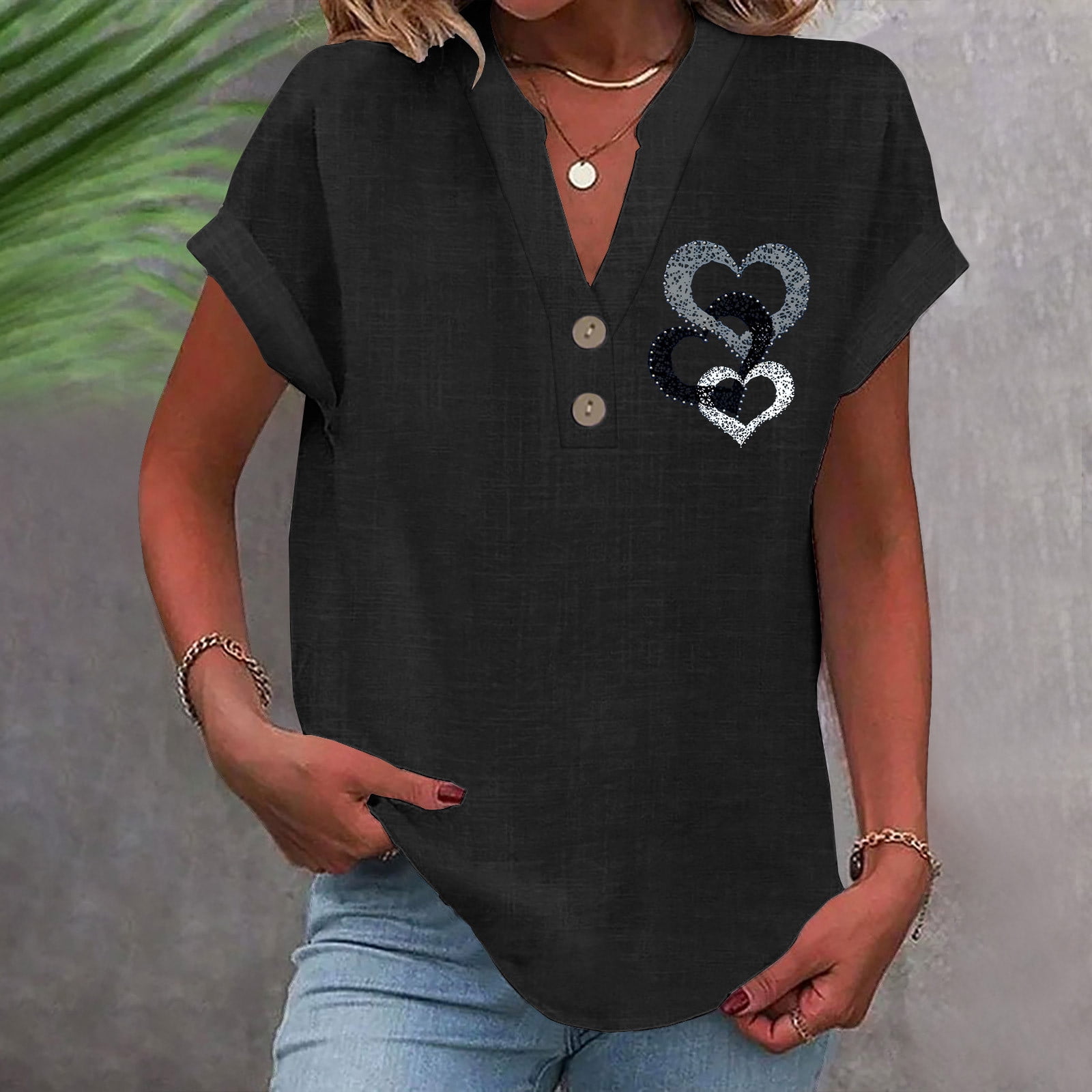 Anqov T Shirts for Women, Solid Color V Neck Collar Button Short Sleeve ...