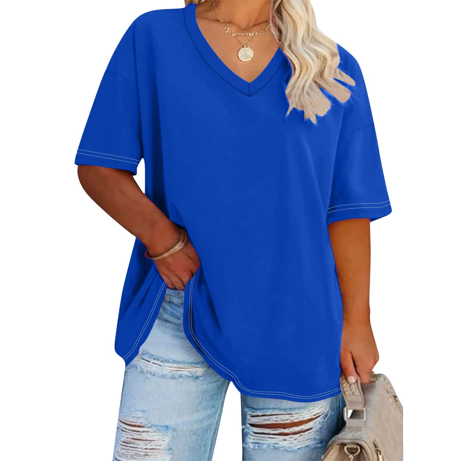 Anqov T Shirts for Women, Plus Size V Neck Short Sleeve Loose Fitting ...