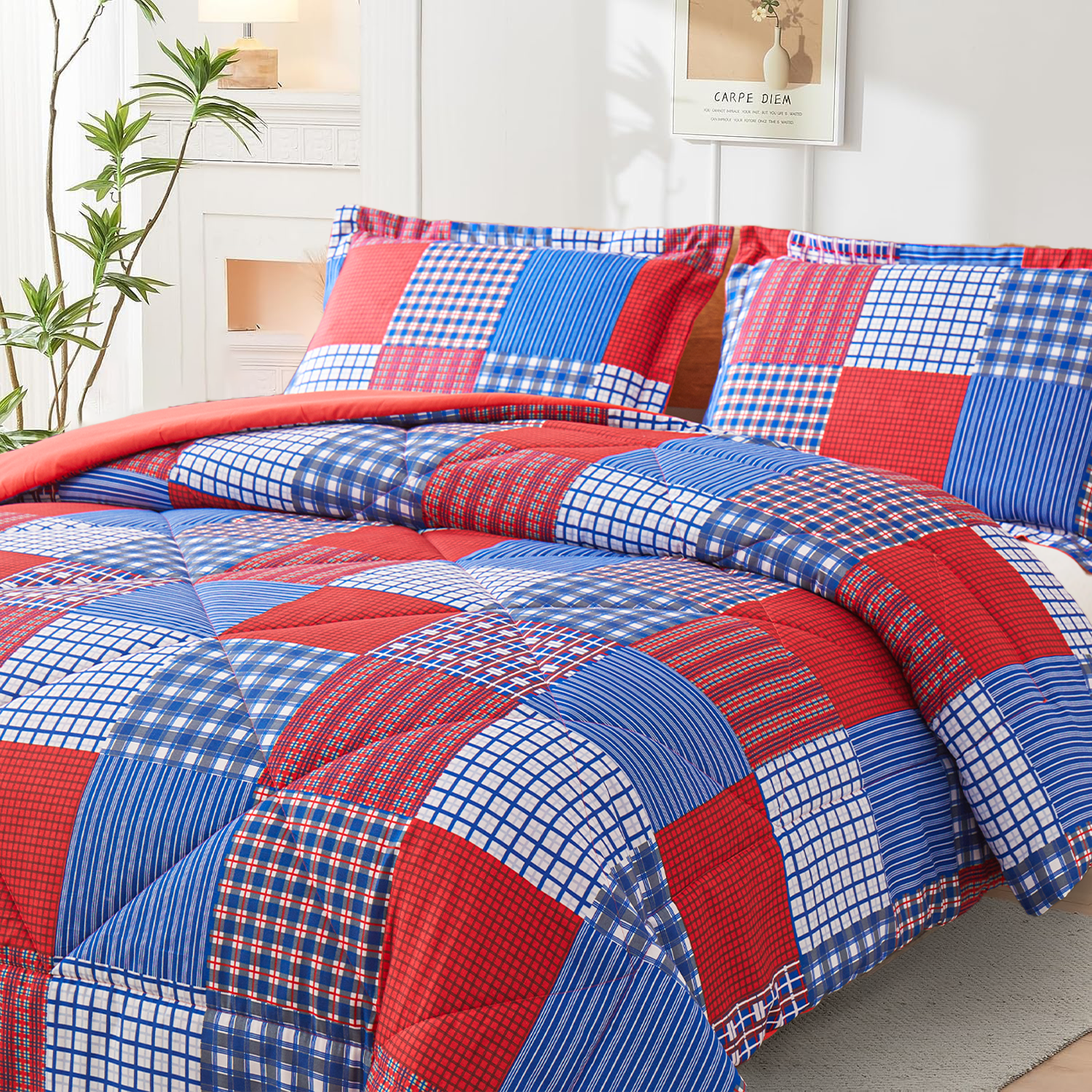Beartech Full Queen Comforter Set, Red Blue Plaid Bed in a Bag ...