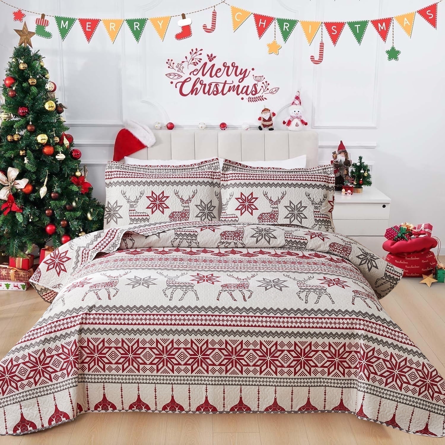 Beartech 3Pcs Christmas Quilt Set Queen Size Holiday Xmas Bedding Set ...