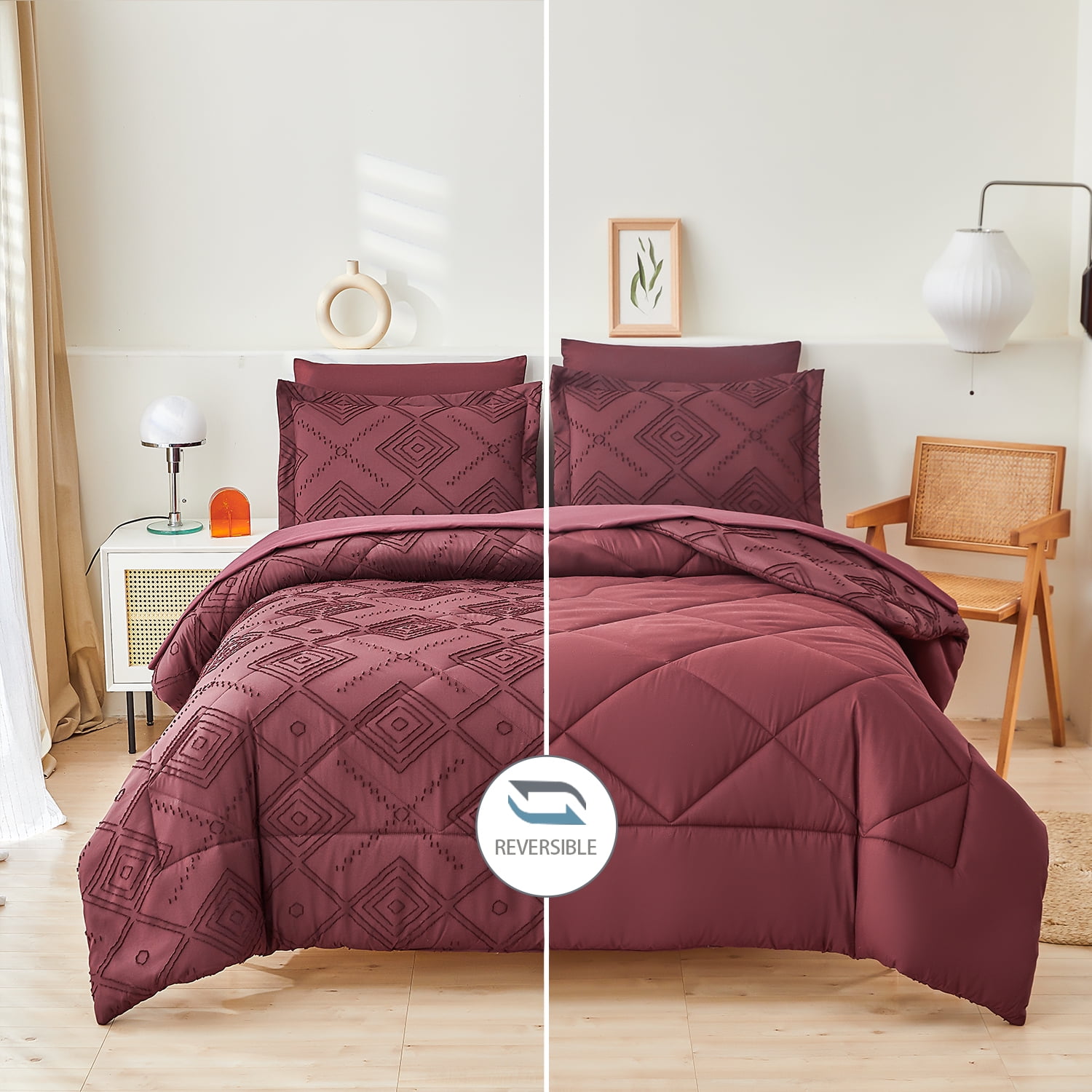 Anray Home 7 Piece Comforter Set Queen Size, Wine Red Plaid Patchwork ...