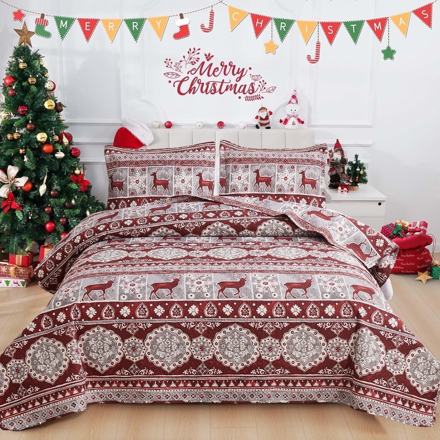 Beartech Christmas Quilt Set Queen Bedspread Rustic Quilt Bedding Xmas ...
