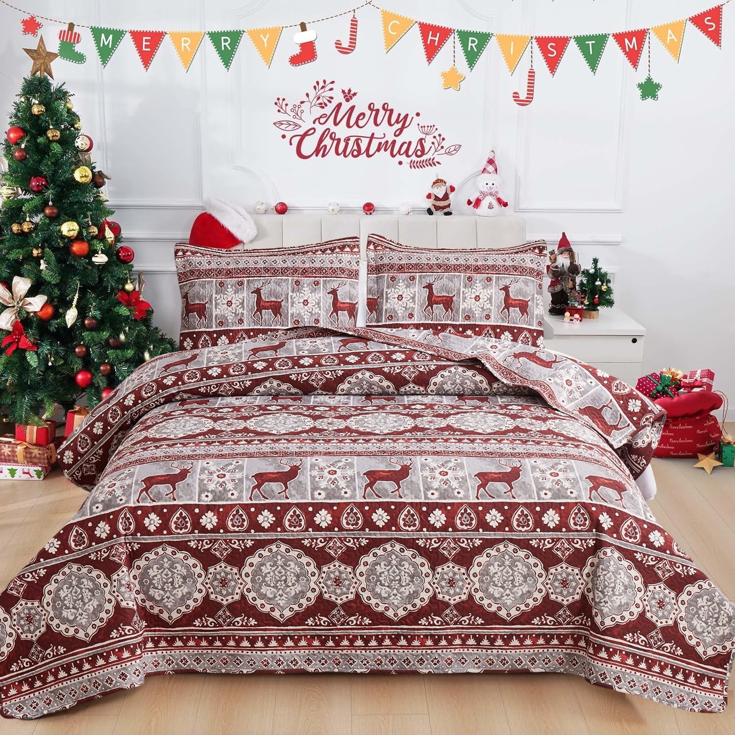 Beartech Christmas Quilt Set Twin Bedspread Rustic Quilt Bedding Xmas ...