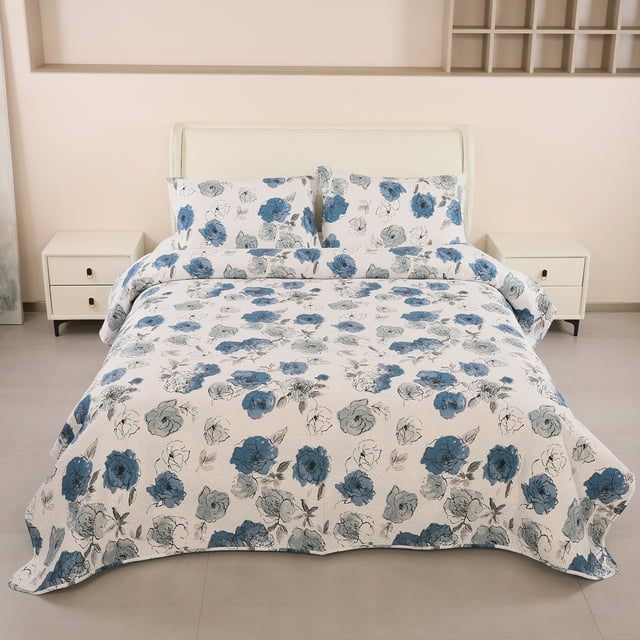 Anray Home Floral Quilt Set Queen Size Blue White Flower Quilt ...