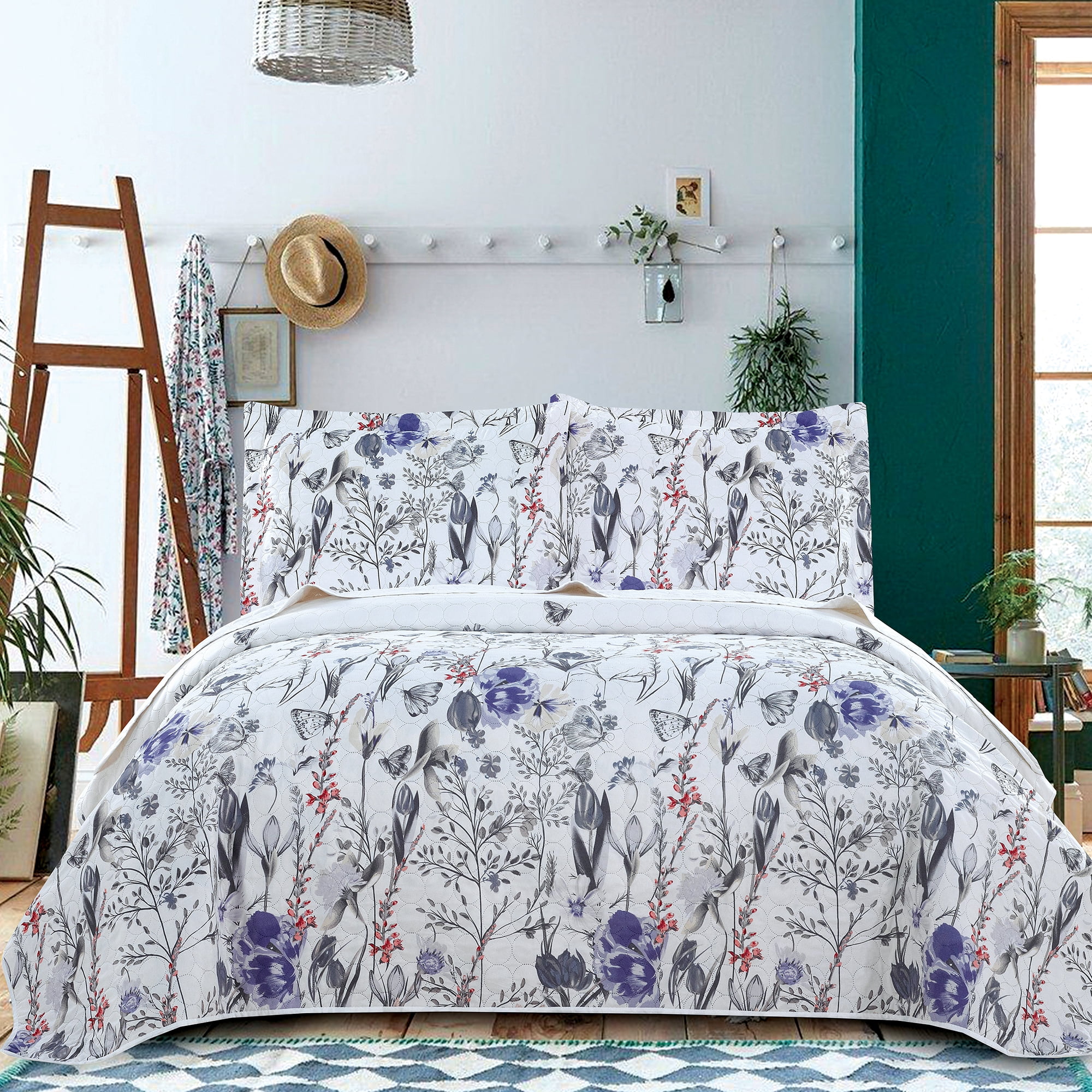 Anray Home Mauve Tulip Butterfly Floral Quilt, Queen Lightweight ...