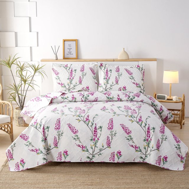 Anray Home Queen Size Floral Quilt Set - Rose Purple Lilac Lightweight ...
