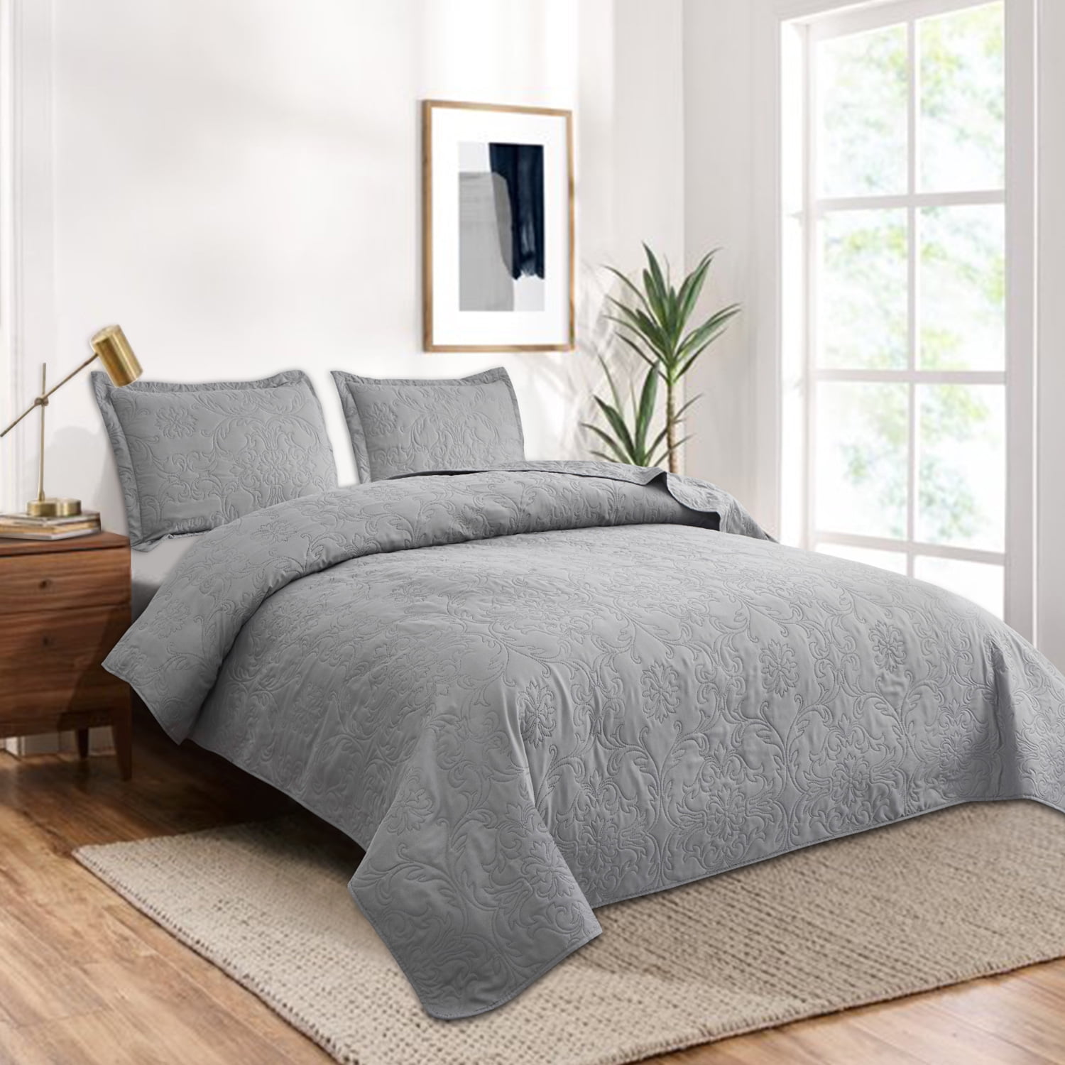 Anray Home Gray Quilt Queen/Full Size Floral Bedding Microfiber ...