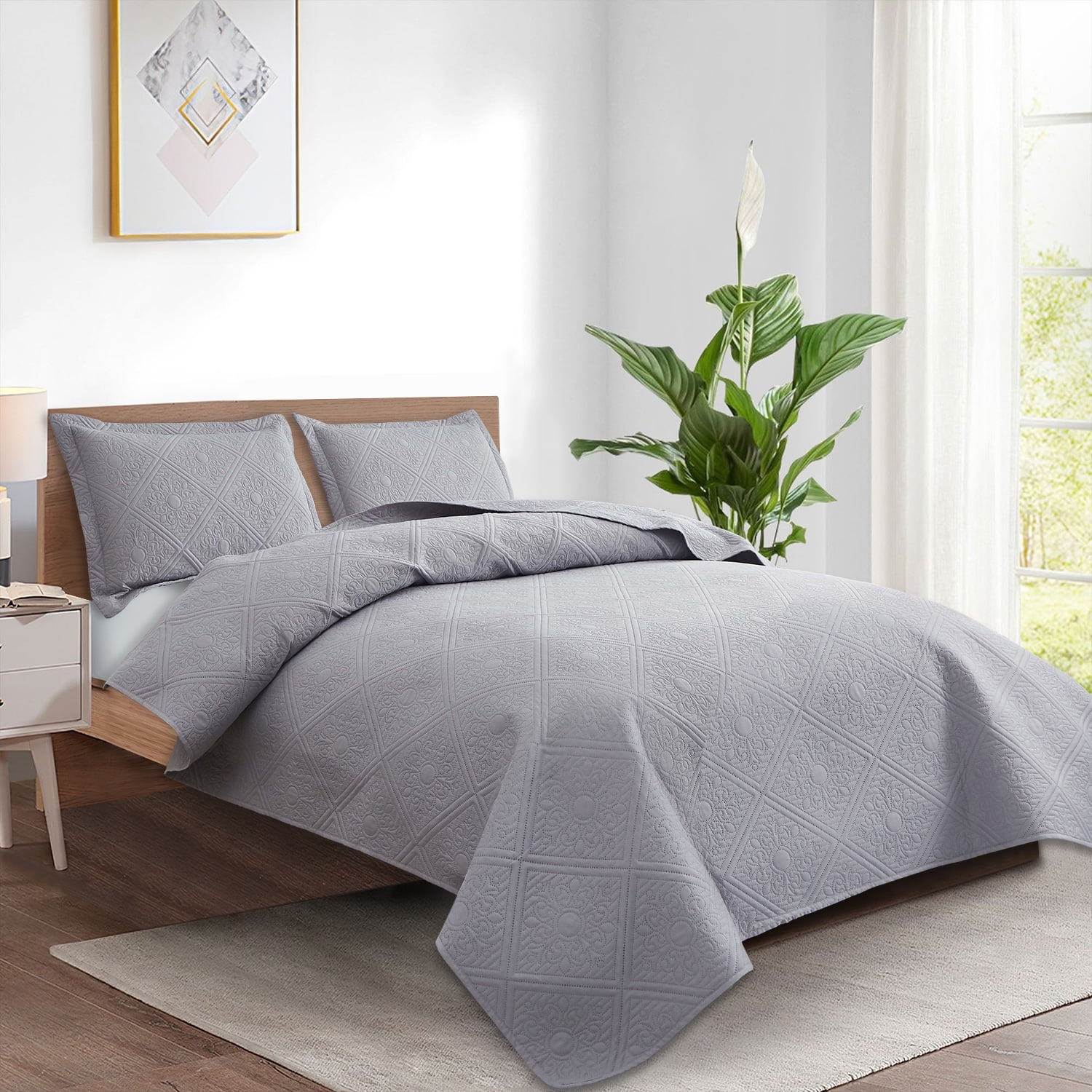 Anray Home Light Gray Quilt Set King Size Floral Bedding Microfiber ...