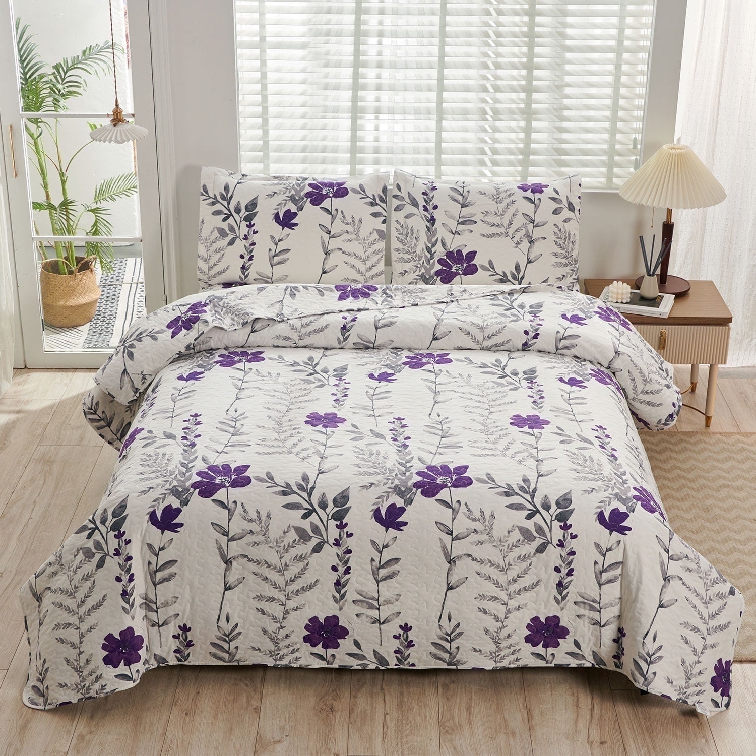Anray Home Floral Purple Comfort Bedspread Quilt Set - King Size ...