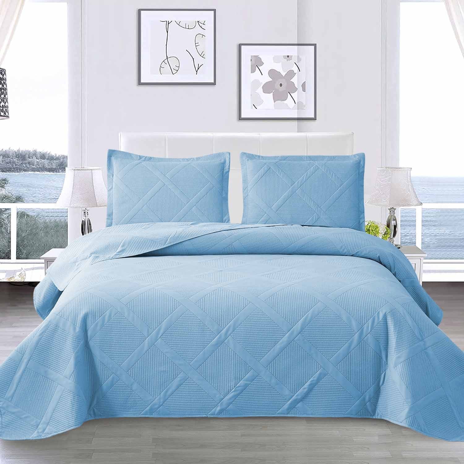 Beartech Quilt Set Queen Size Light Blue Bedspread Coverlet Microfiber ...