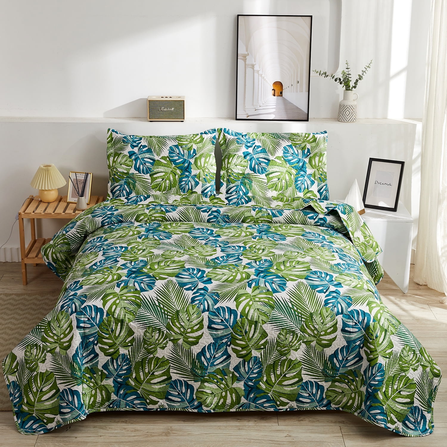 Anray Home Rainforest Quilt Set King Size Ink Green Leaves Quilt ...