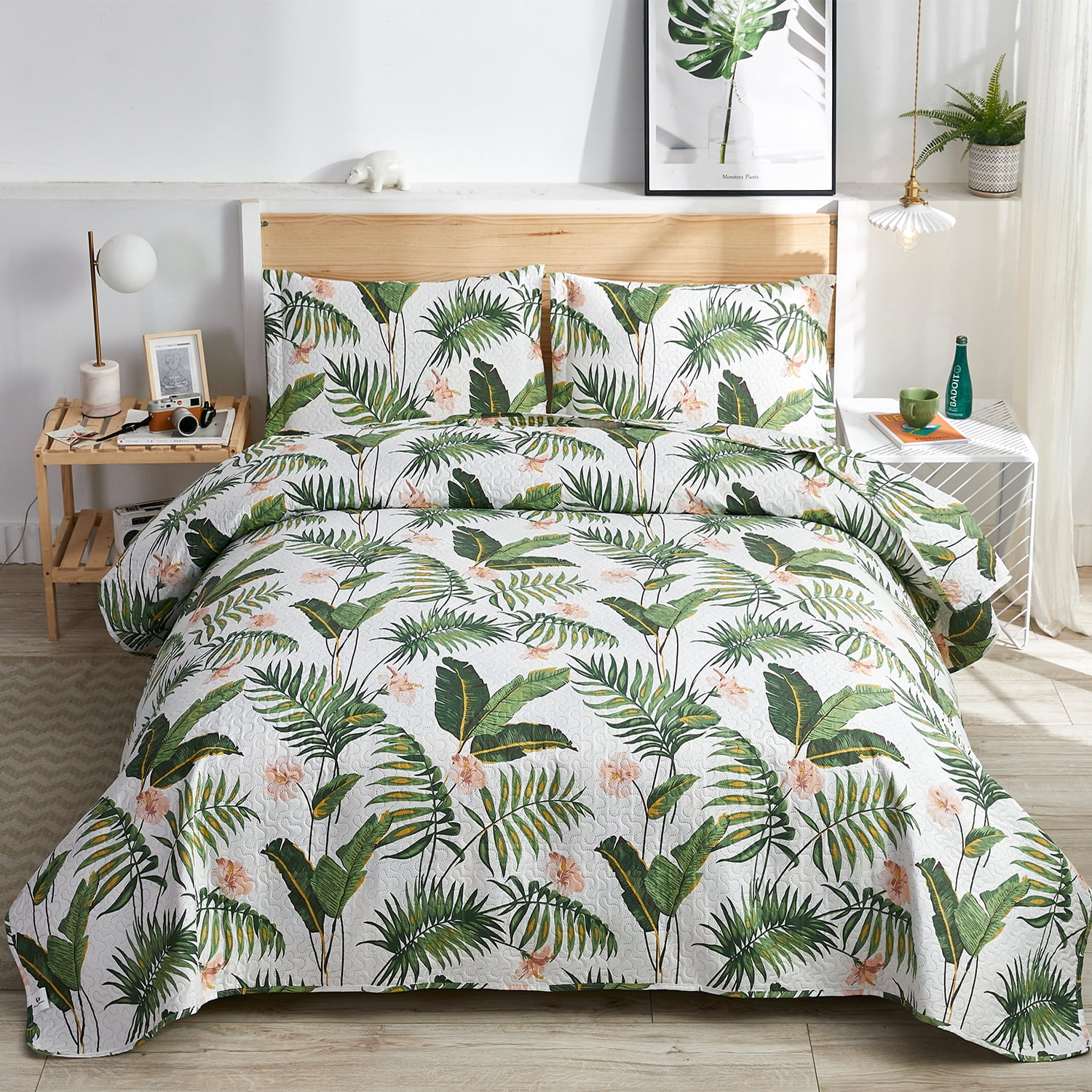 Anray Home Rainforest Quilt Set Queen Size Morning Flower Green Leaves ...