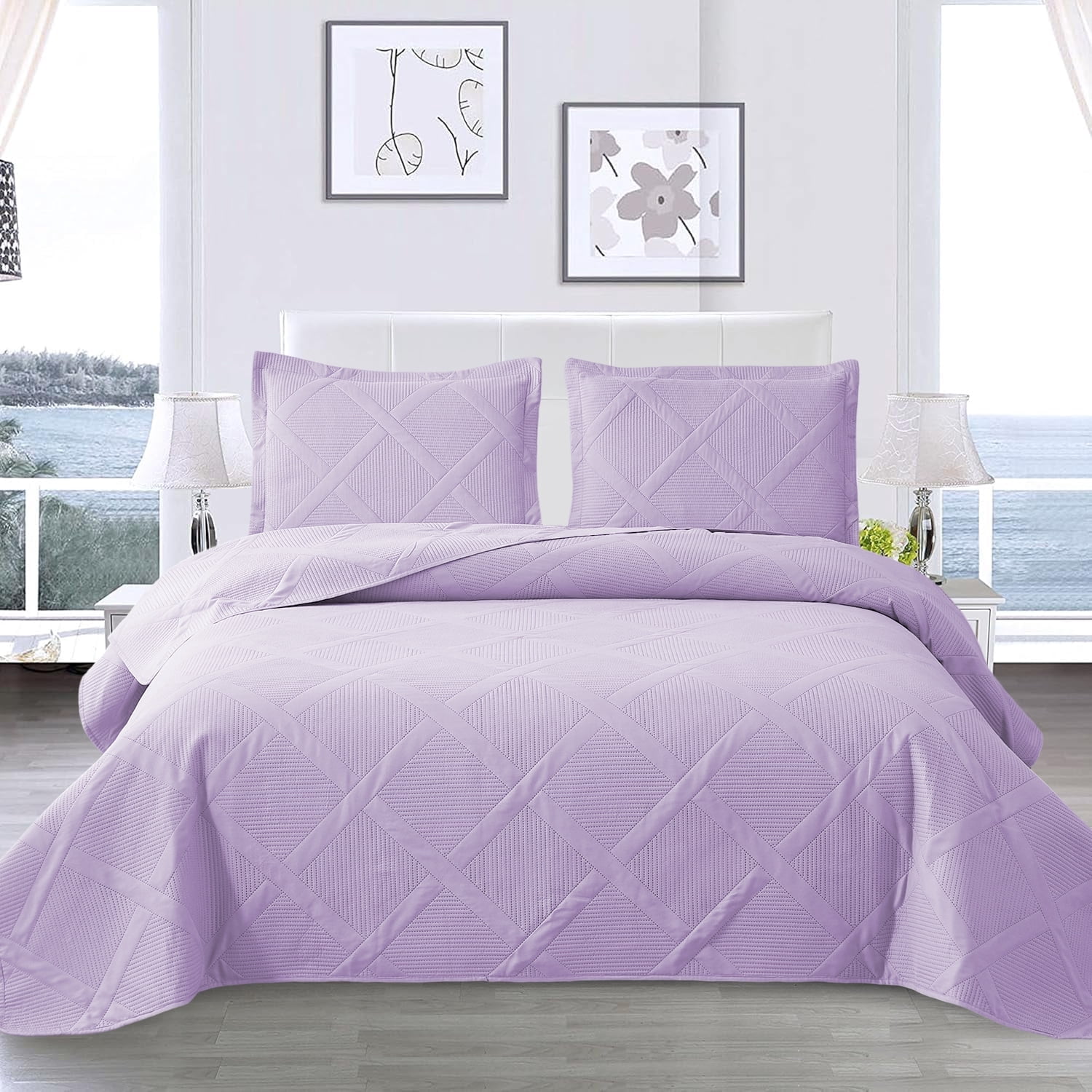Beartech Solid Color Quilt Set King Size Light Purple Bedspread ...