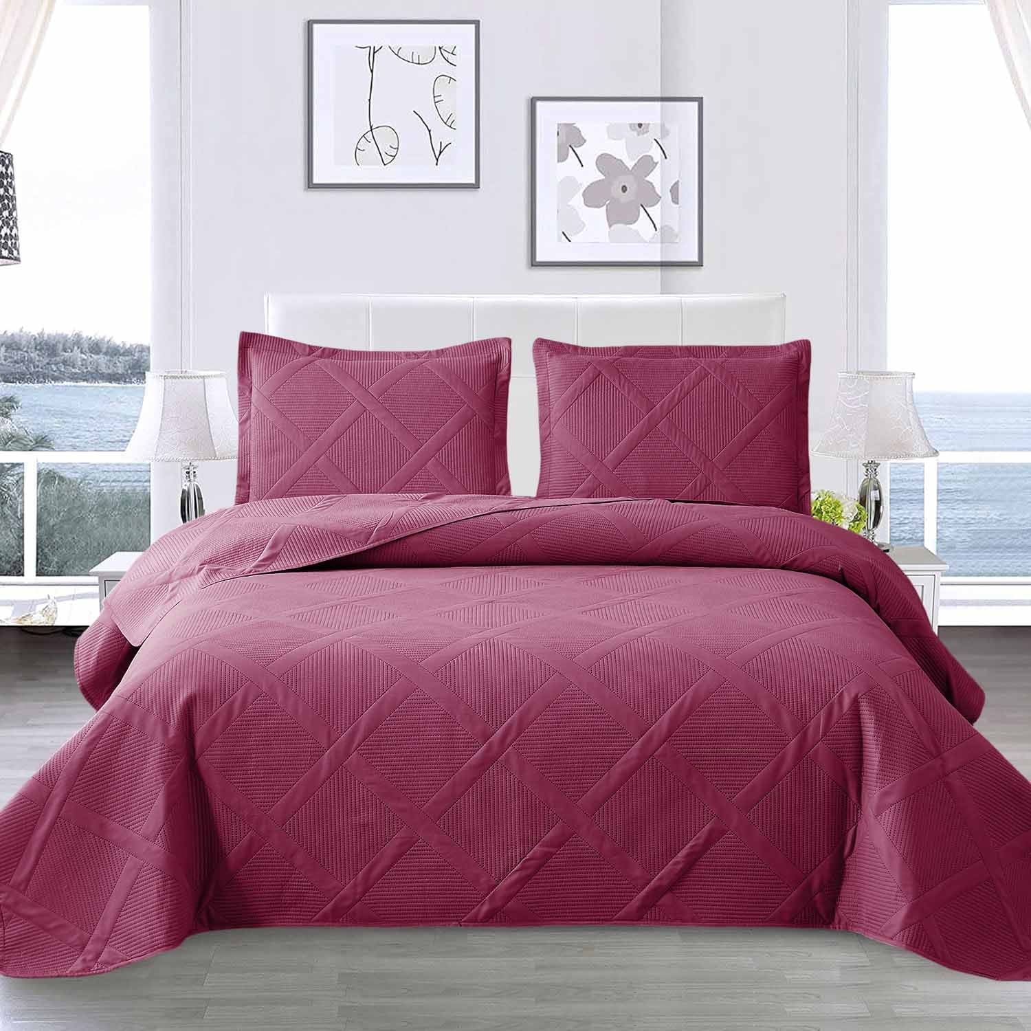Beartech Solid Color Quilt Set Queen/Full Size Burgundy Bedspread ...