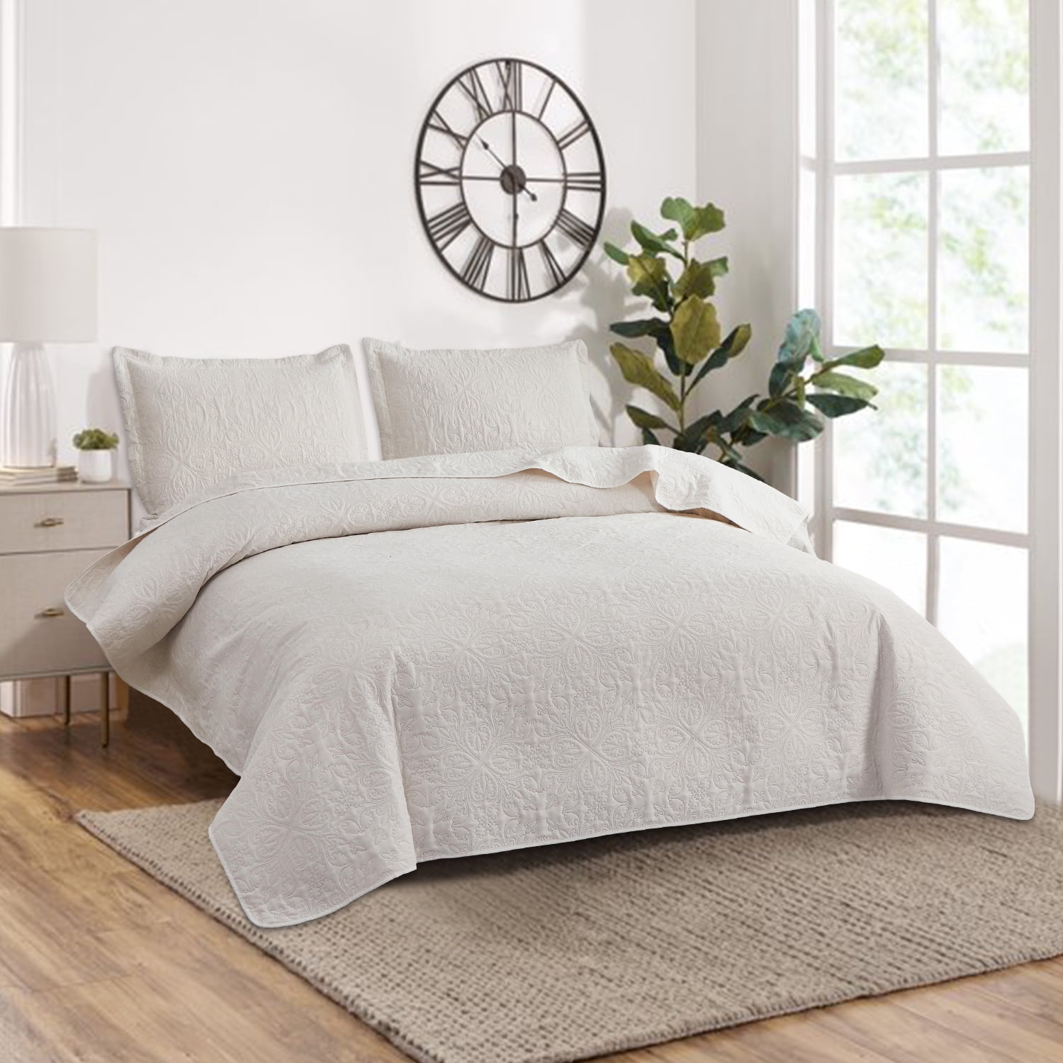 Anray Home White Quilt King Size Floral Bedding Microfiber Bedspread ...