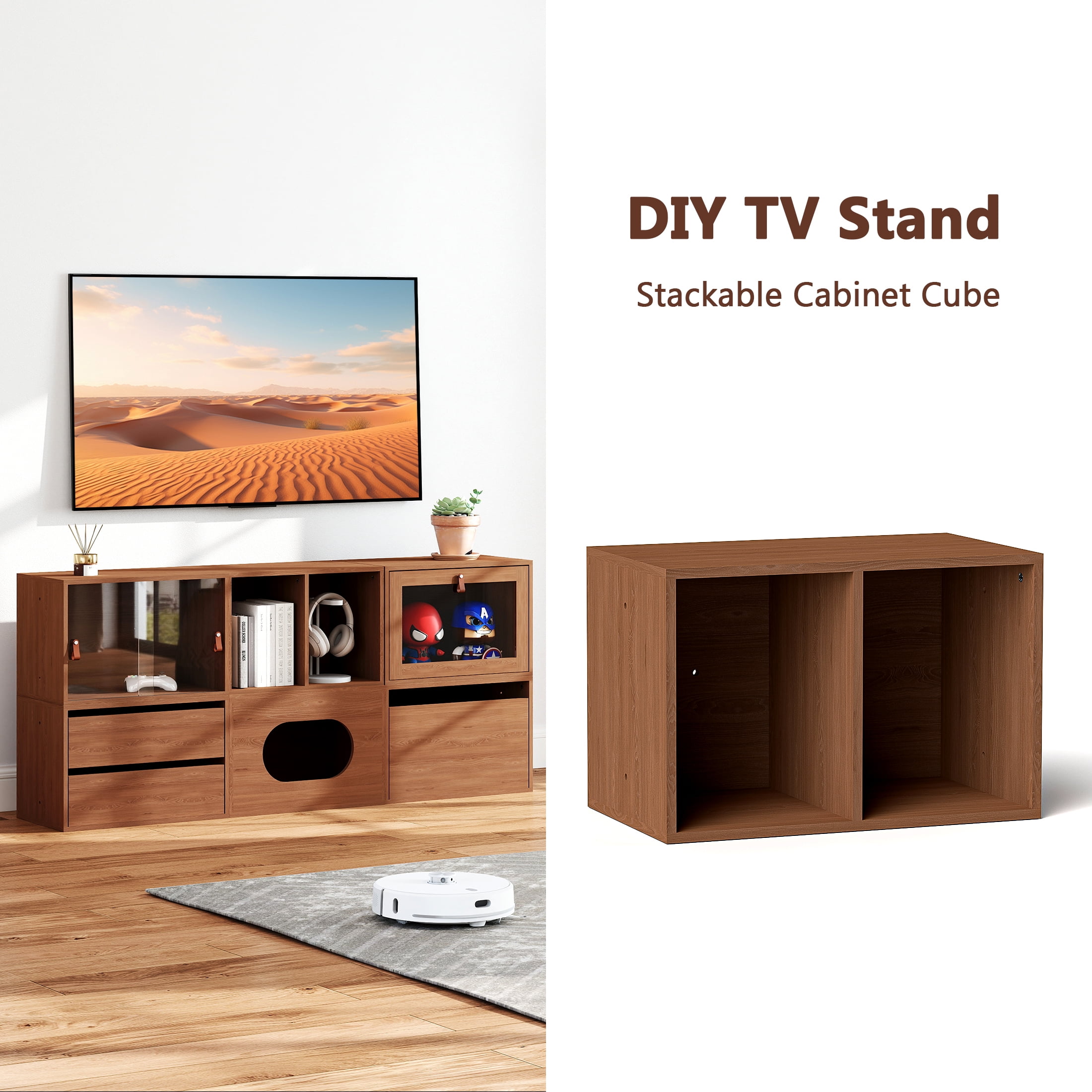 Anrist DIY TV Stand Stackable Cube Cabinet for 35-80 inch TVs Walnut ...